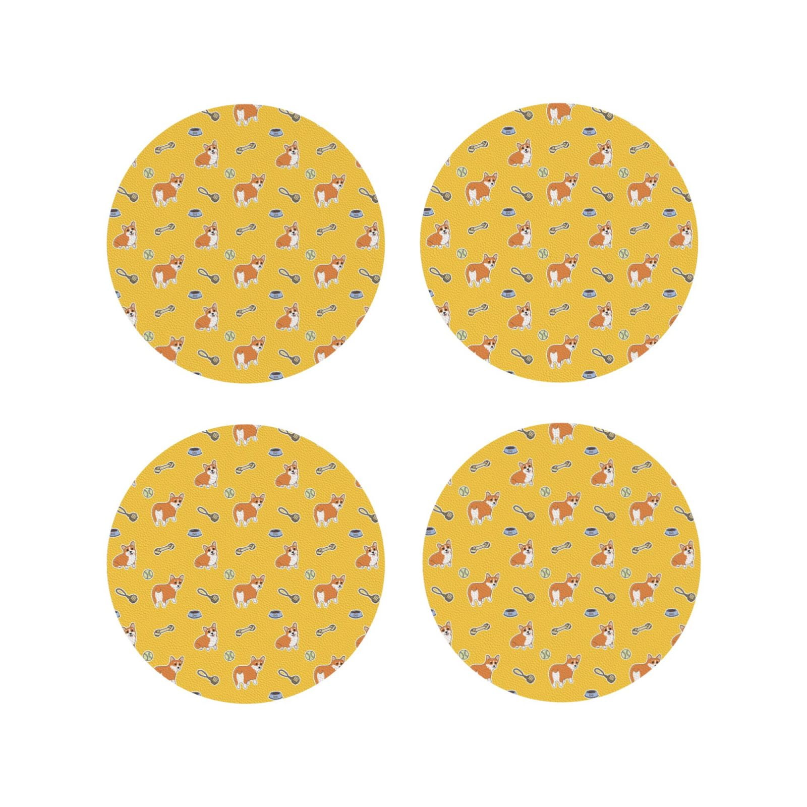 Drink Coasters Set of 4, Cute Corgi Dog Funny Yellow Leather Coasters ...