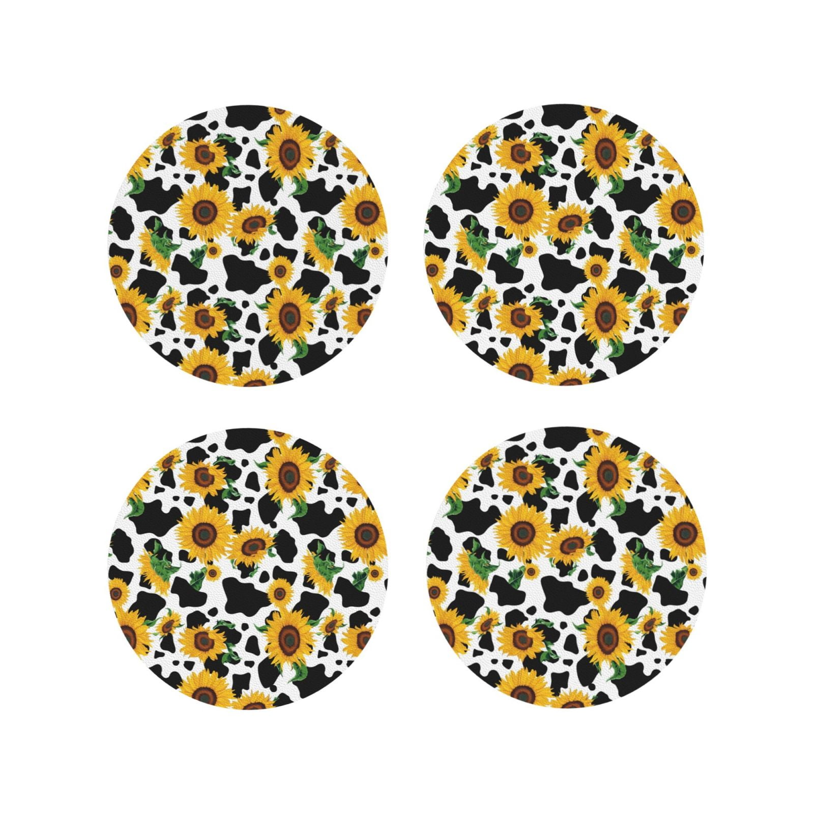 Drink Coasters Set of 4, Cute Cow Print Sunflower D Leather Coasters ...