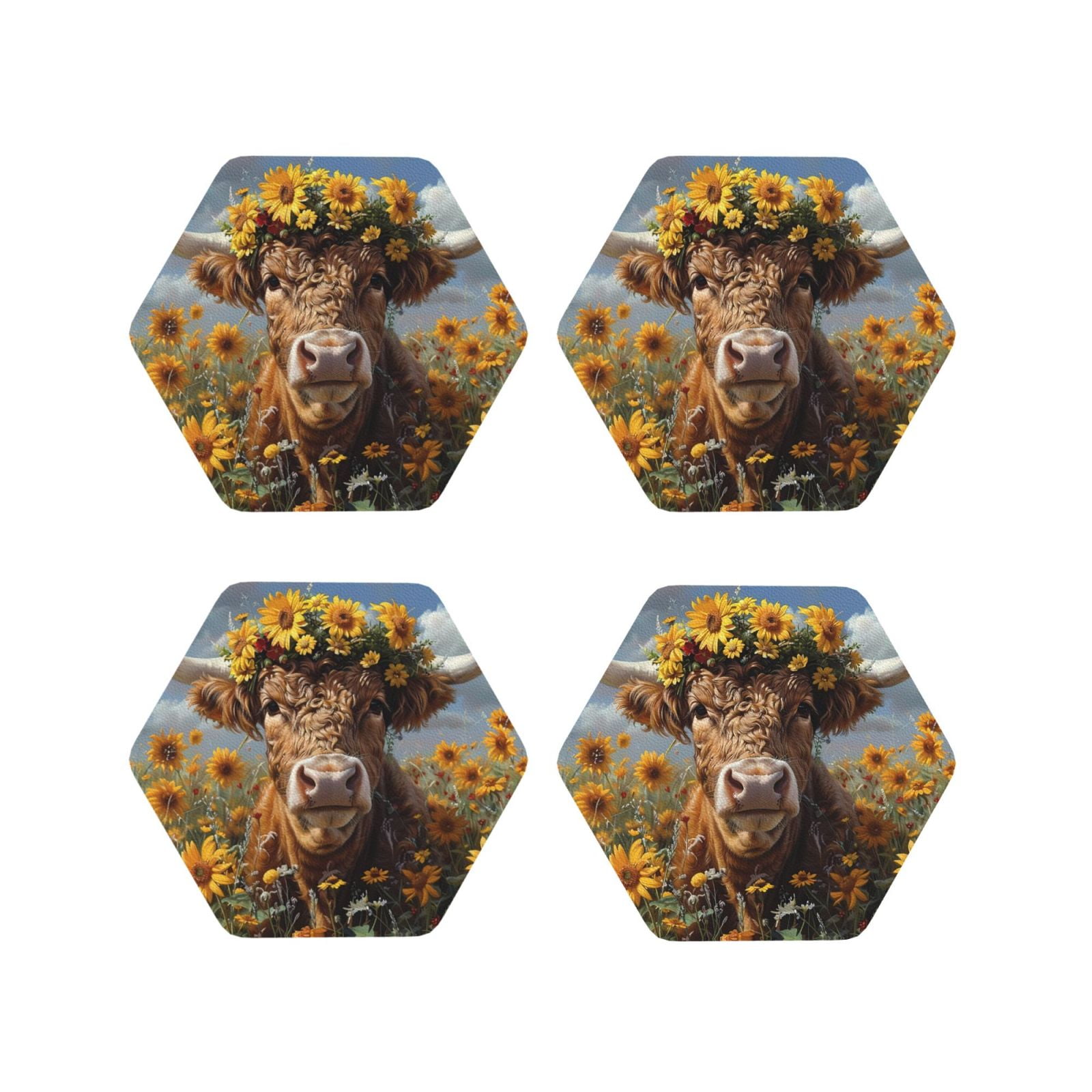 Drink Coasters Set of 4, Cute Cow Sunflower Crown A Leather Coasters ...