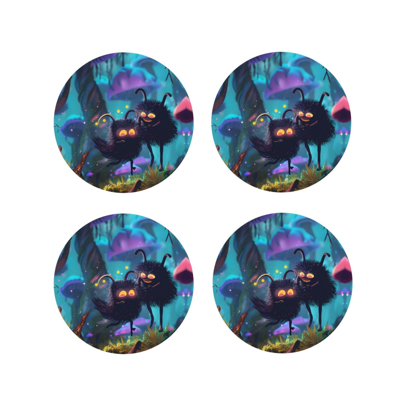 Drink Coasters Set of 4, Cute Fuzzy Fantasy Creatures Leather Coasters ...