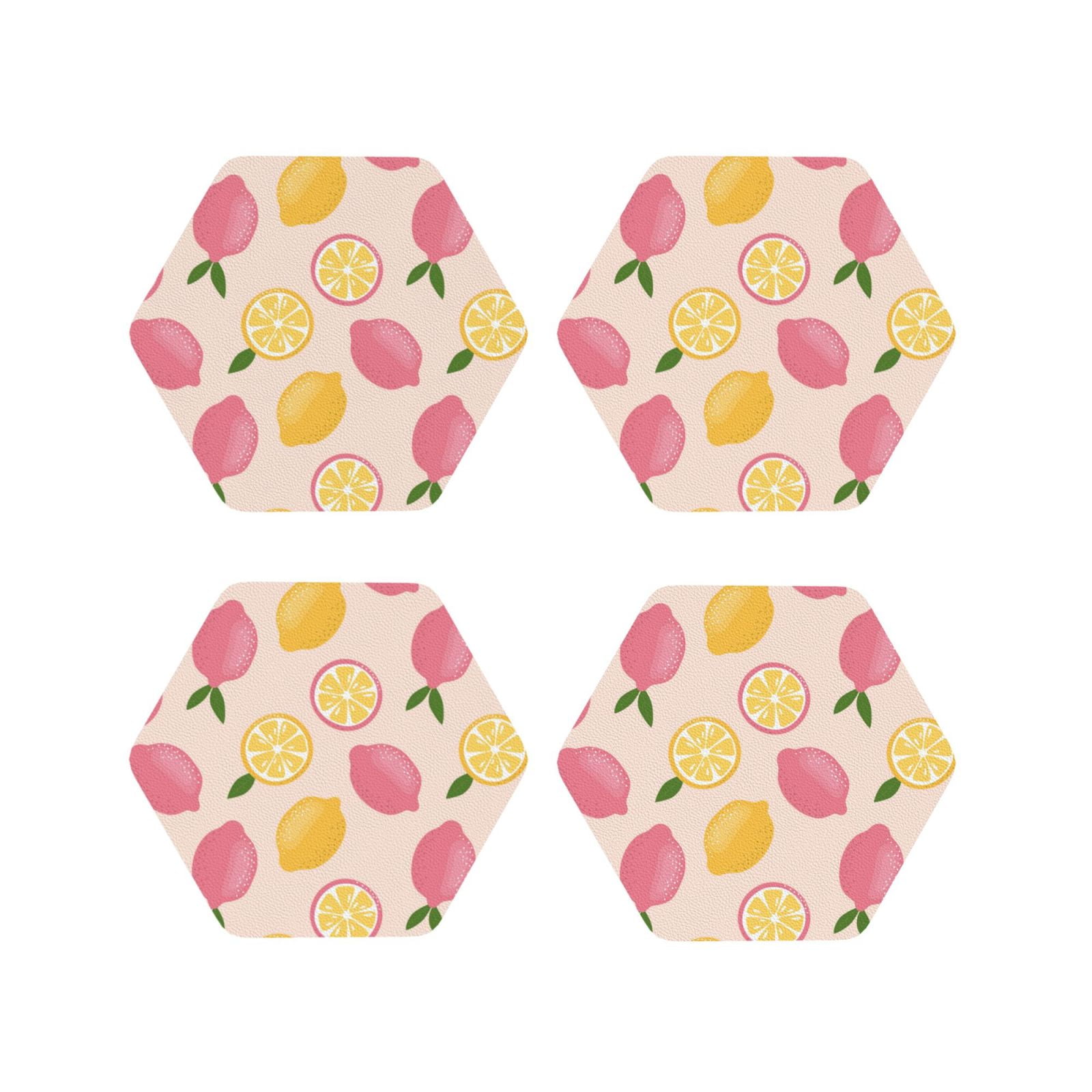 Drink Coasters Set of 4, Cute Lemon Pink Yellow Leather Coasters for ...