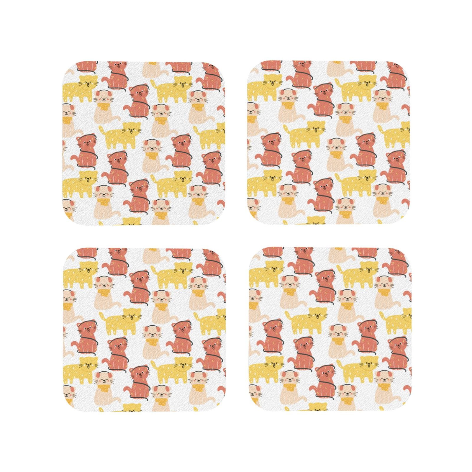Drink Coasters Set of 4, Cute Painted Cartoon Cat Leather Coasters for ...