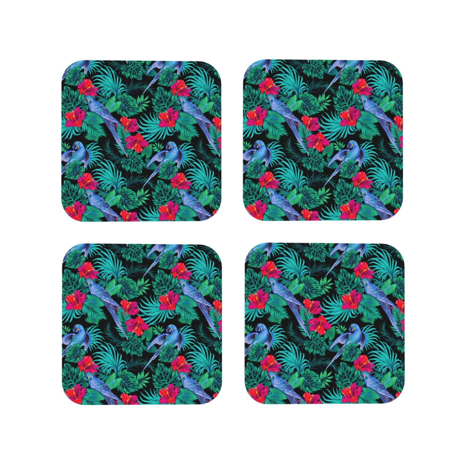 Drink Coasters Set of 4, Cute Parrot Palm Leaf Plant Leather Coasters ...