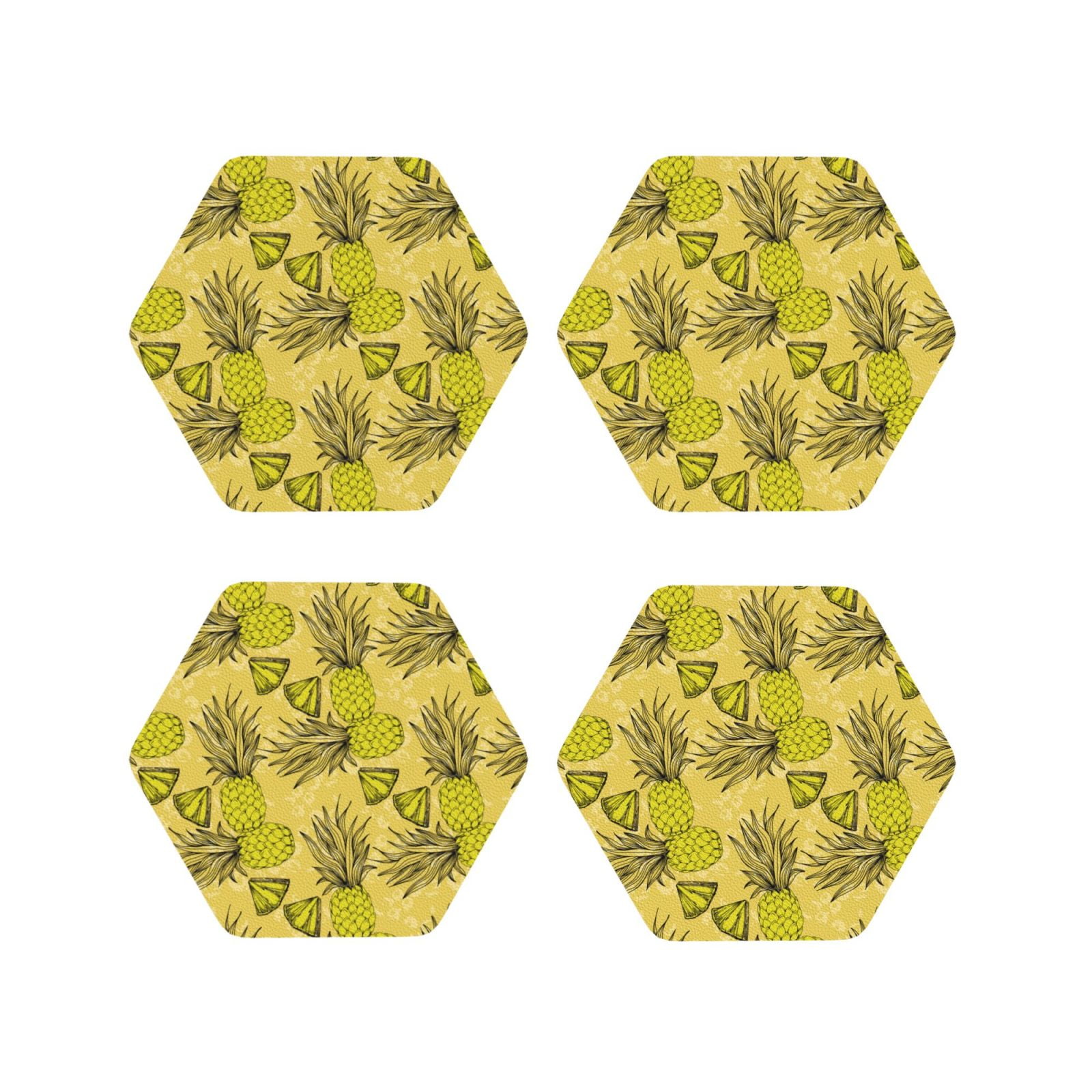 Drink Coasters Set of 4, Cute Pineapple Retro Yellow Leather Coasters ...