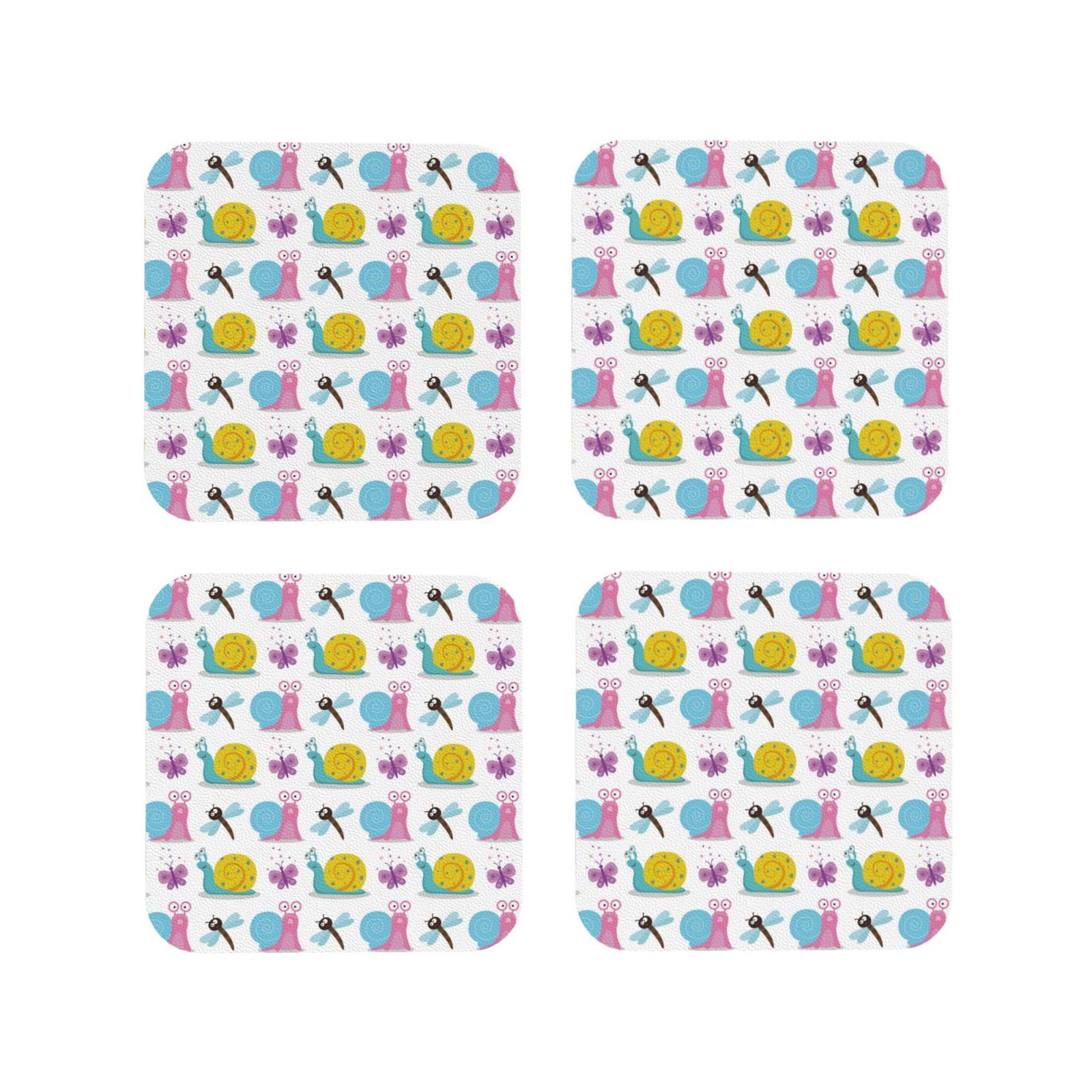 Drink Coasters Set of 4 - Cute Snail Dragonfly Butterfly Leather ...