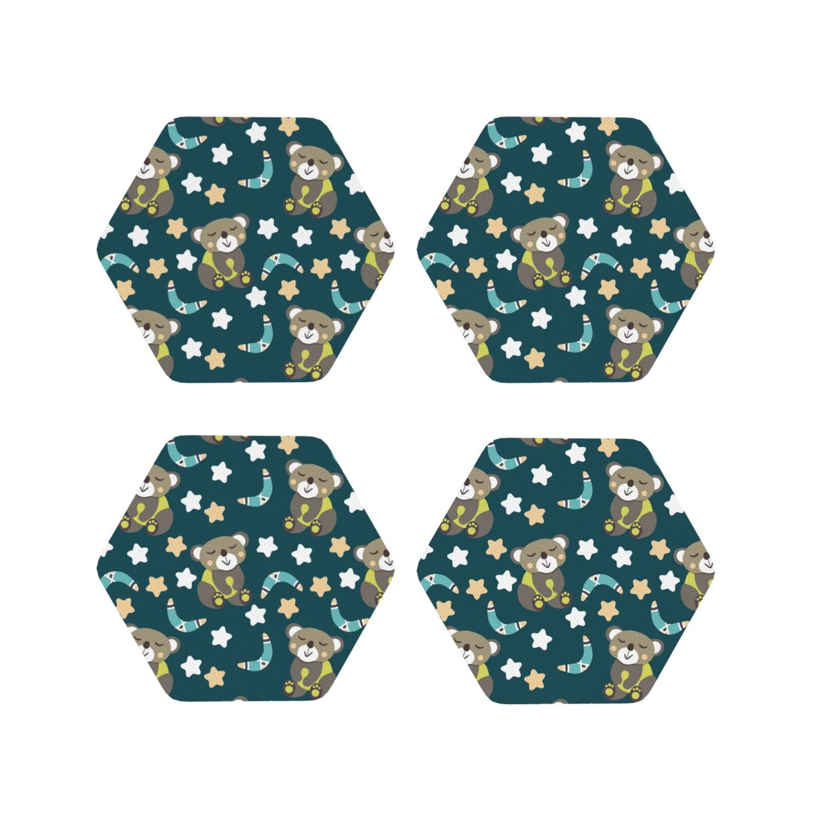 Drink Coasters Set of 4, Cute Star Bear Dark Green Leather Coasters for ...