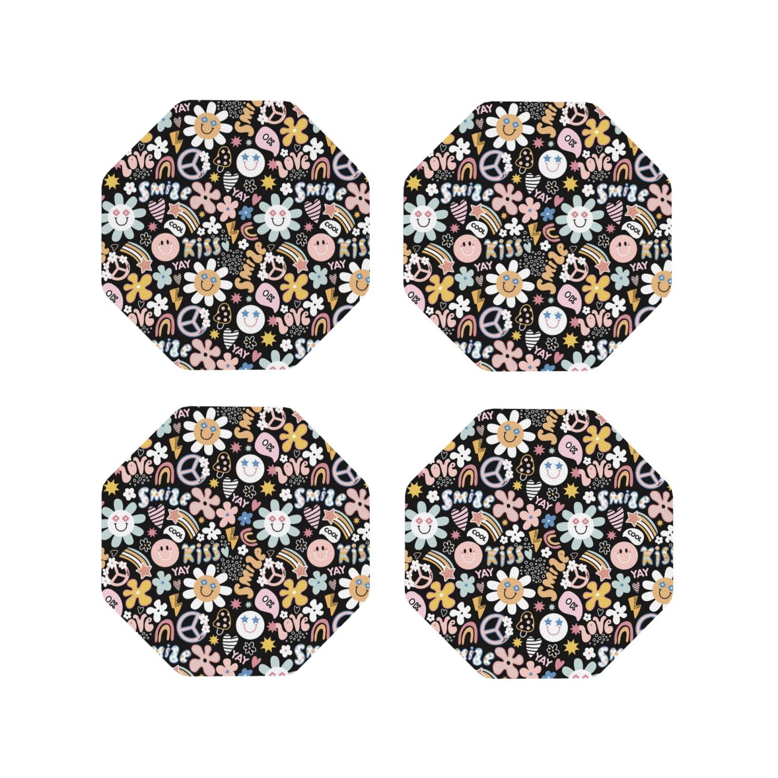 Drink Coasters Set of 4 - Cute cartoon flowers Leather Coasters for ...