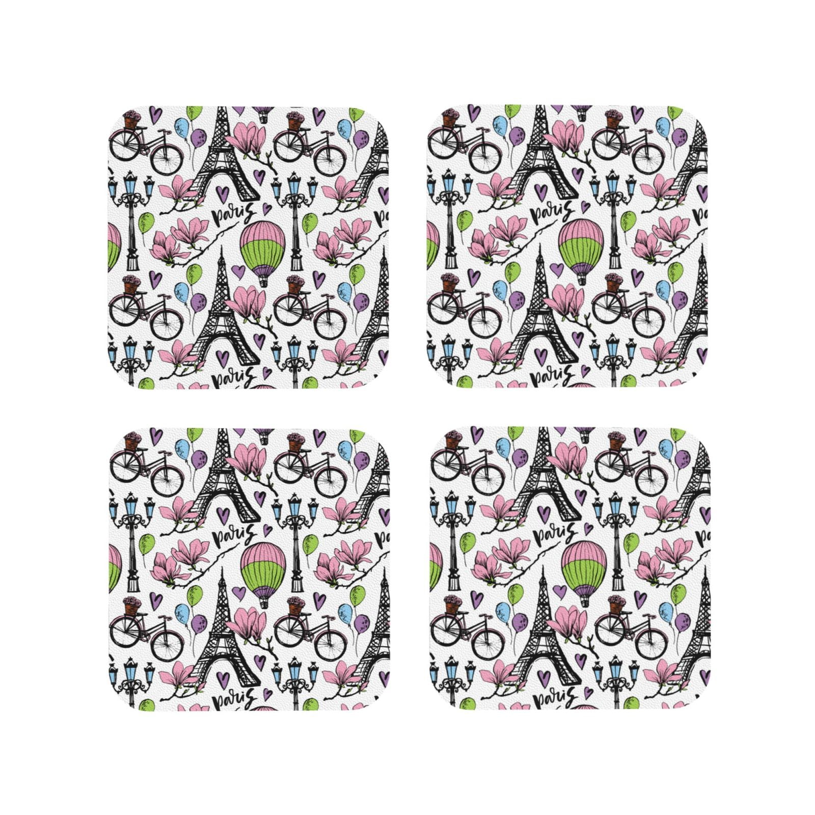 Drink Coasters Set of 4, Eiffel Tower Retro pink Leather Coasters for ...