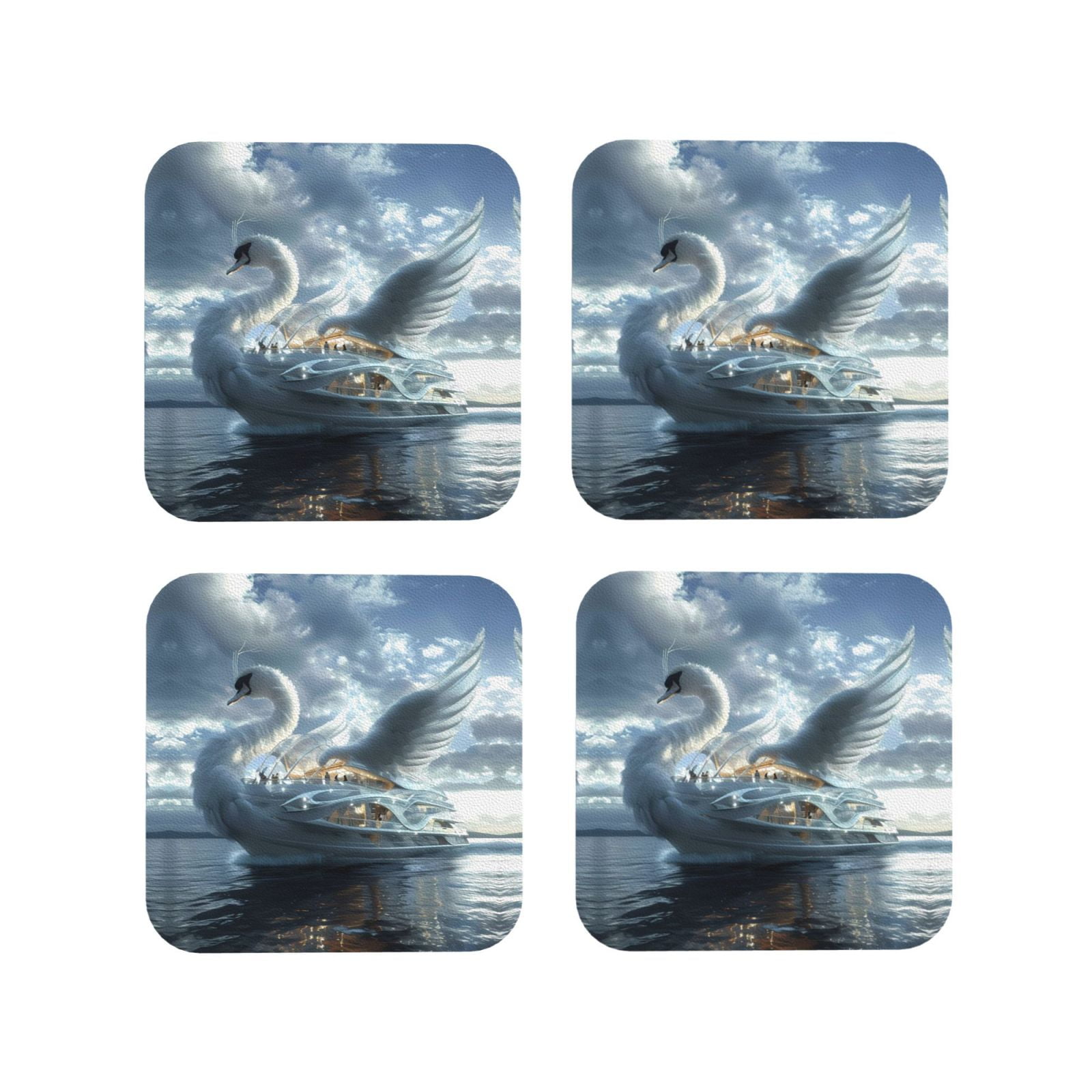 Drink Coasters Set of 4, Fantasy Swan Yacht Design Leather Coasters for ...