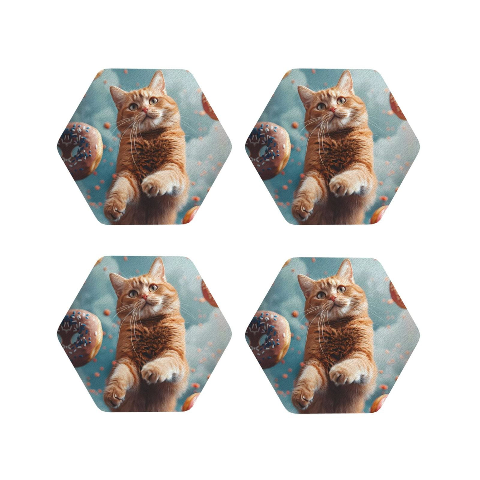 Drink Coasters Set of 4, Floating Cat And Donuts Leather Coasters for ...