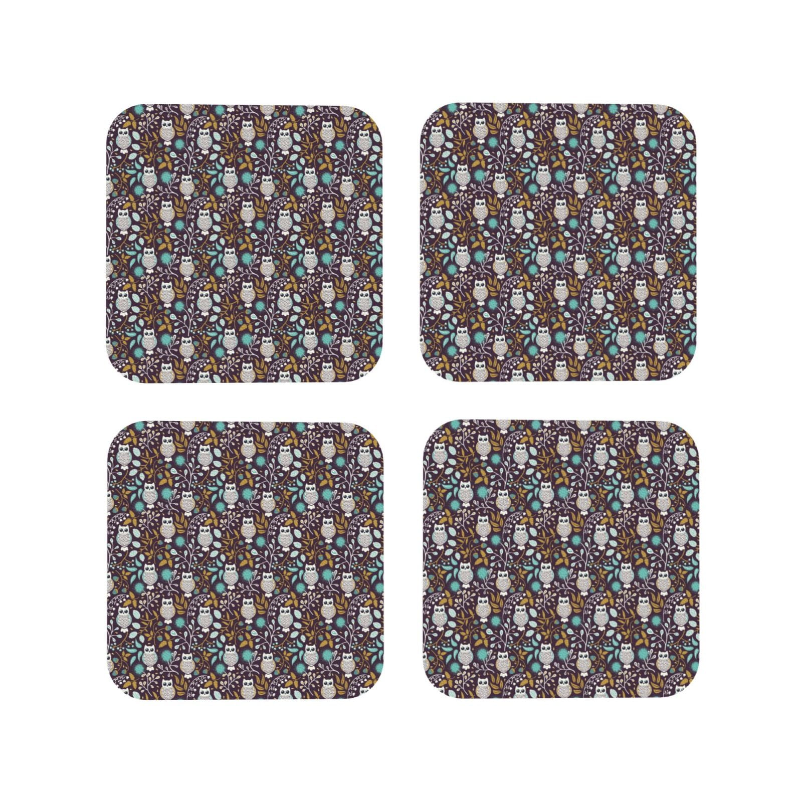 Drink Coasters Set of 4, Forest Cute Owl Leather Coasters for Coffee ...