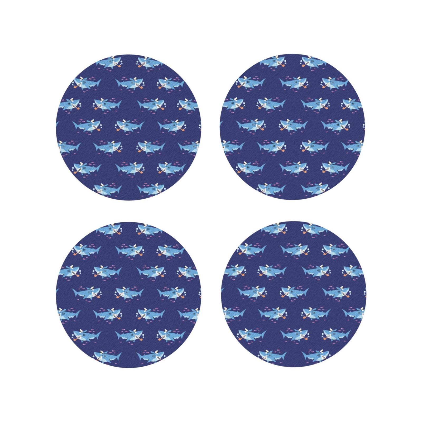 Drink Coasters Set of 4, Funny Cartoon Cute Shark Blue Leather Coasters ...