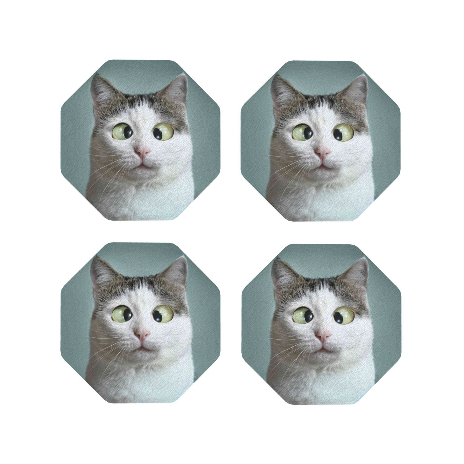 Drink Coasters Set of 4, Funny Cat Leather Coasters for Coffee Table ...