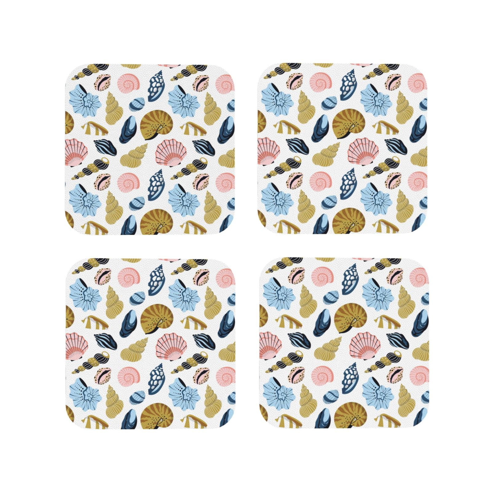 Drink Coasters Set of 4 - Golden Pink Blue Shell Conch Leather Coasters ...