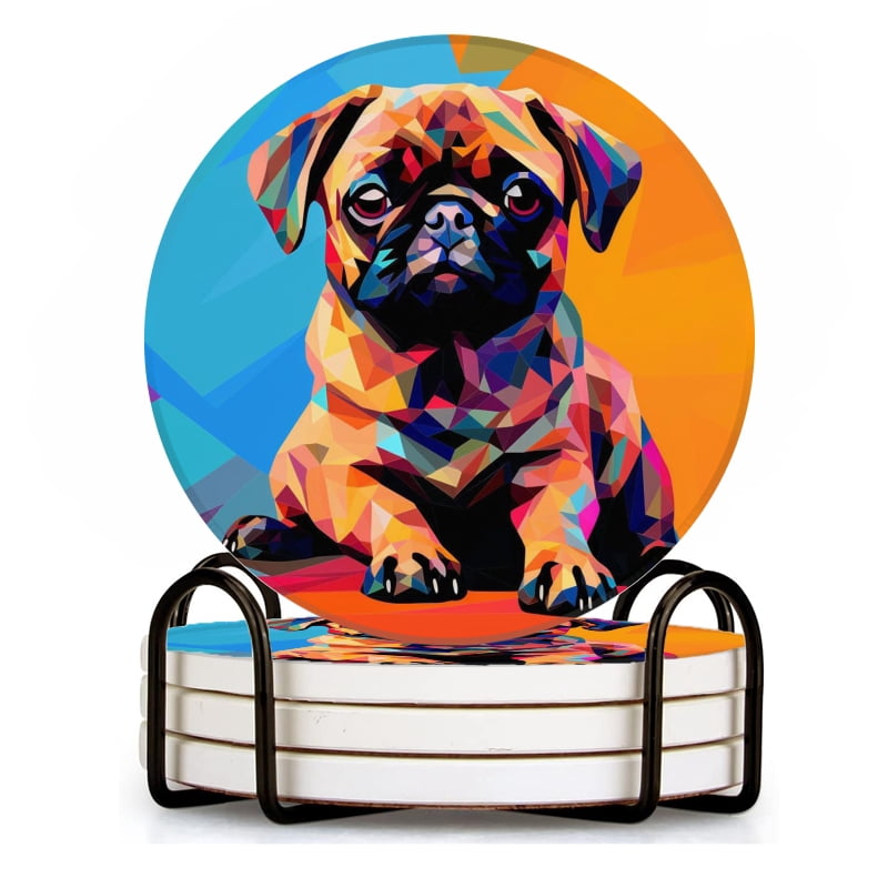 Drink Coasters Set of 4 with Holder Cute pug puppy in the style of ...