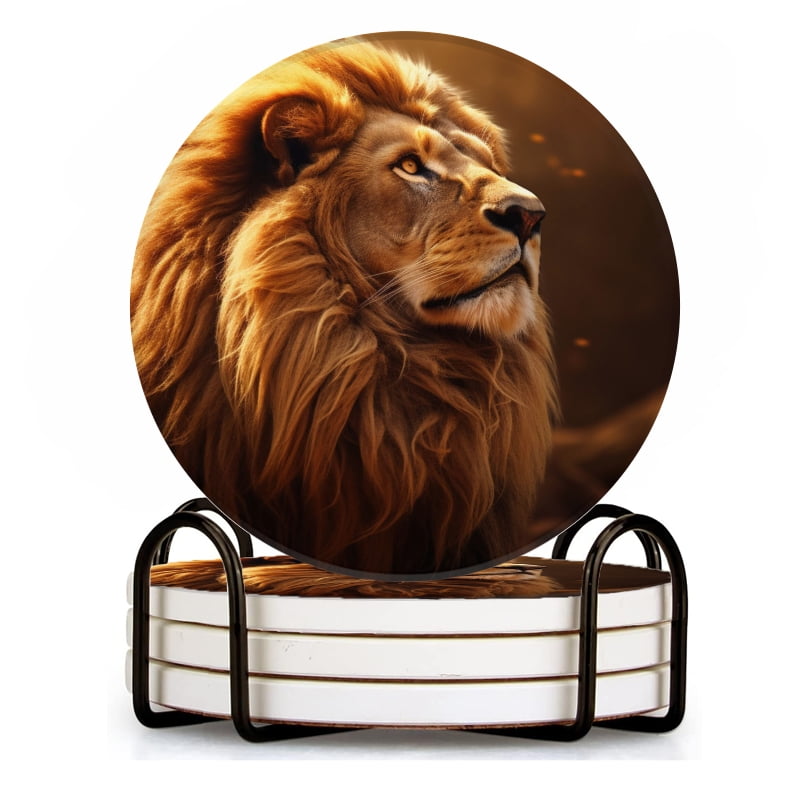 Drink Coasters Set of 4 with Holder majestic lion with impressive mane ...