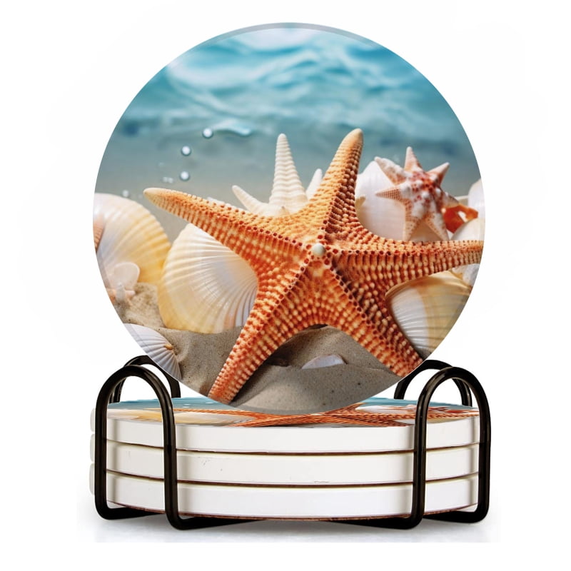 Drink Coasters Set of 4 with Holder starfish and seashells on the beach ...