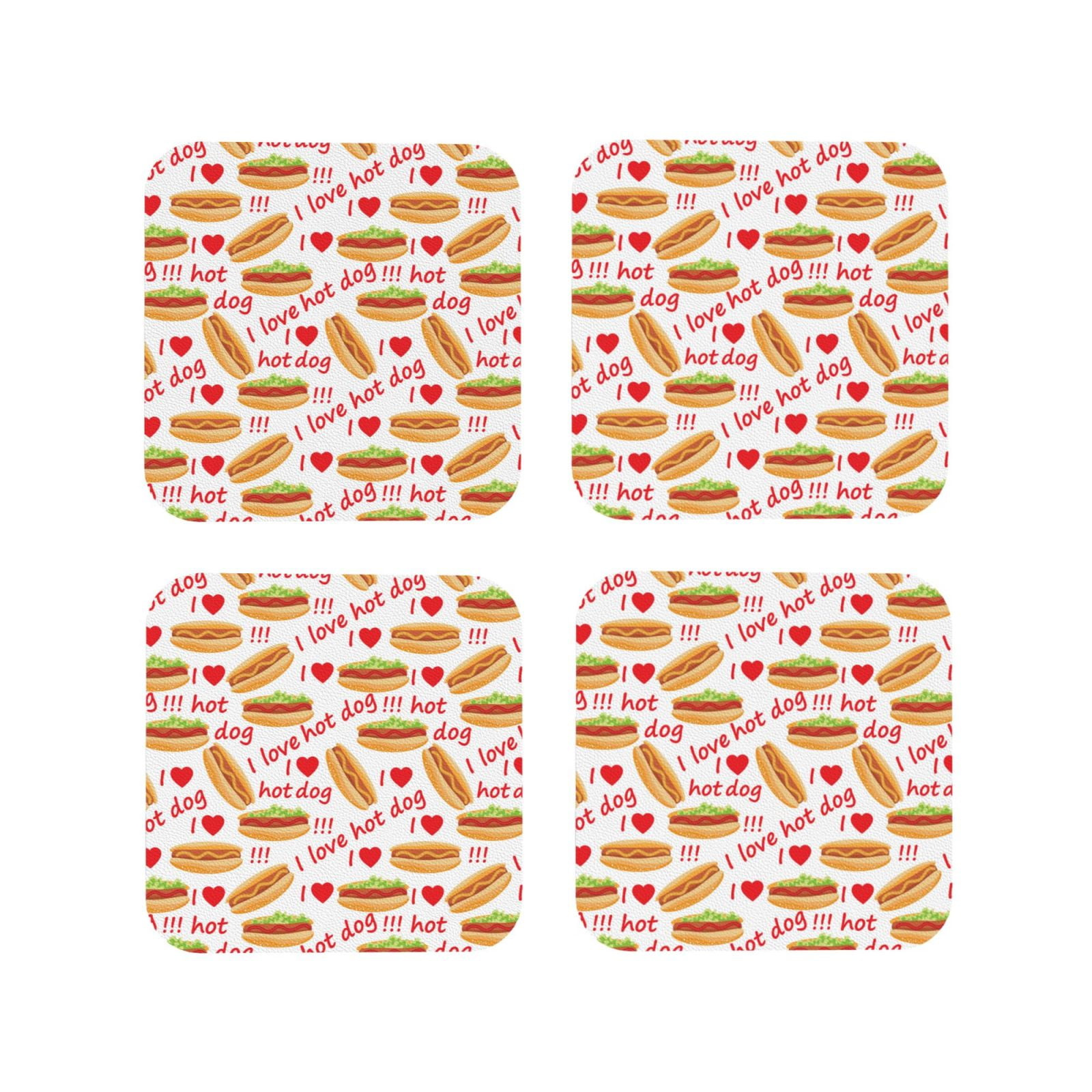 Drink Coasters Set of 4 - Hot Dog Lover Print Leather Coasters for ...