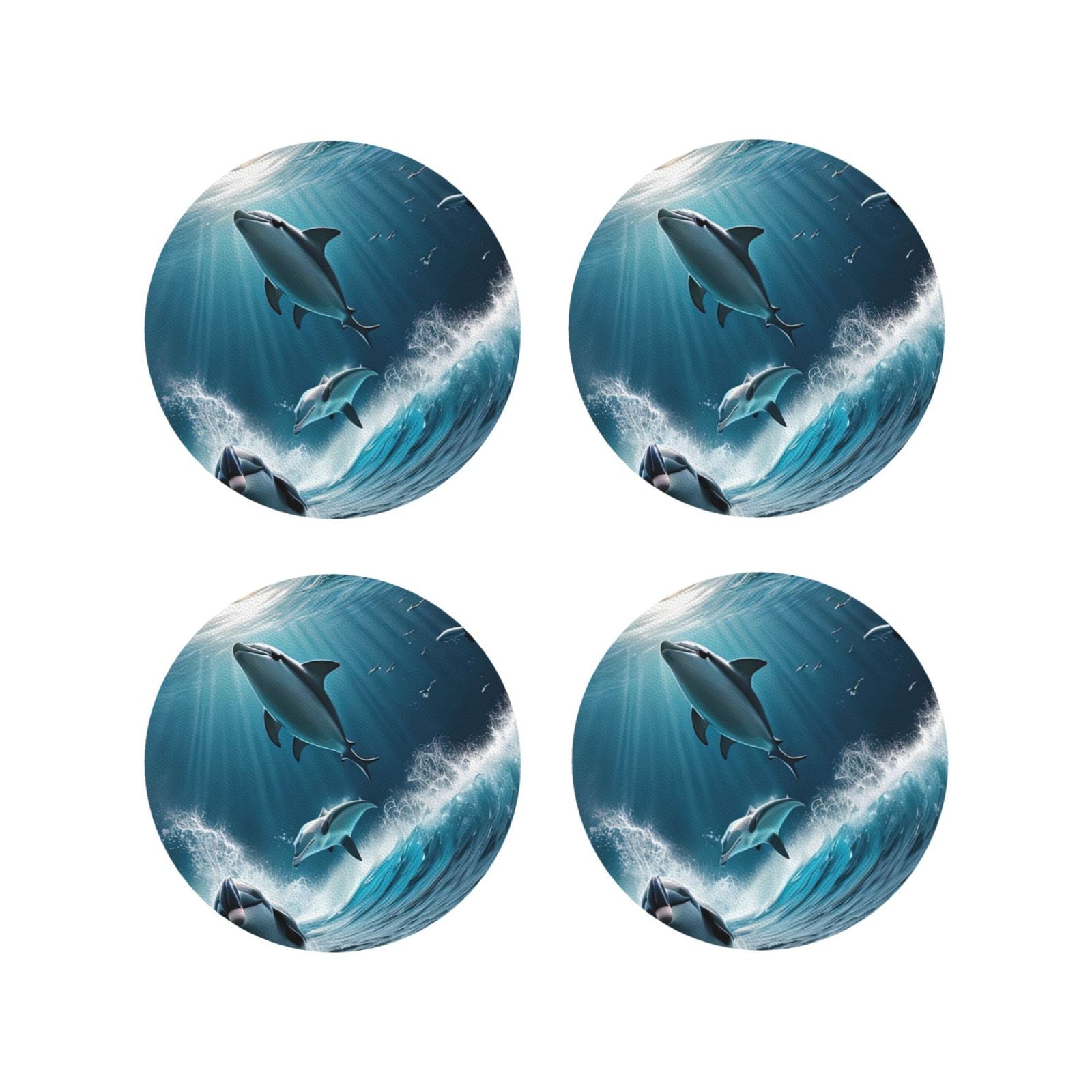 Drink Coasters Set of 4, Ice Blue Ocean Cute Dolphin A Leather Coasters ...