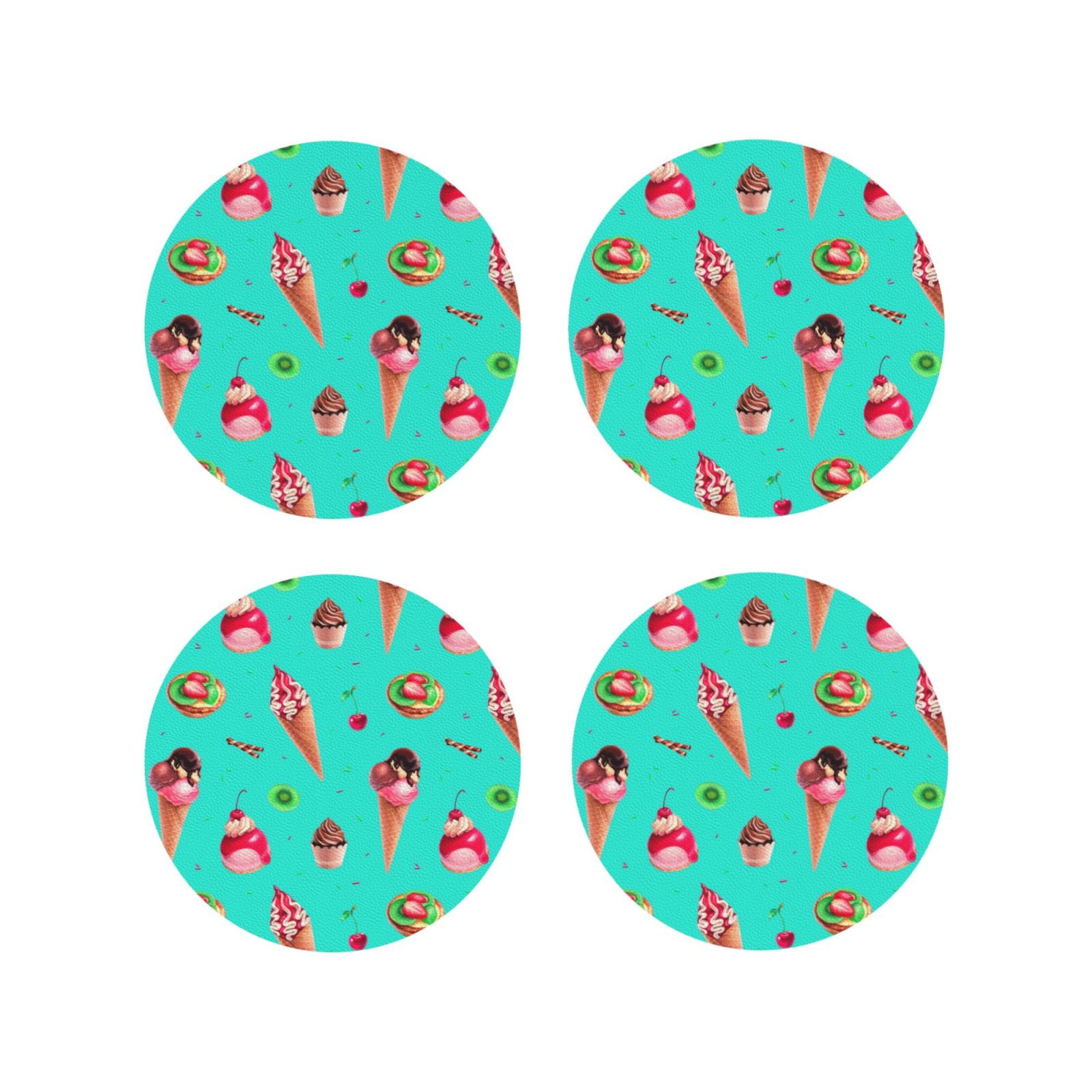 Drink Coasters Set of 4, Kiwi Tart Ice Cream Print Leather Coasters for ...