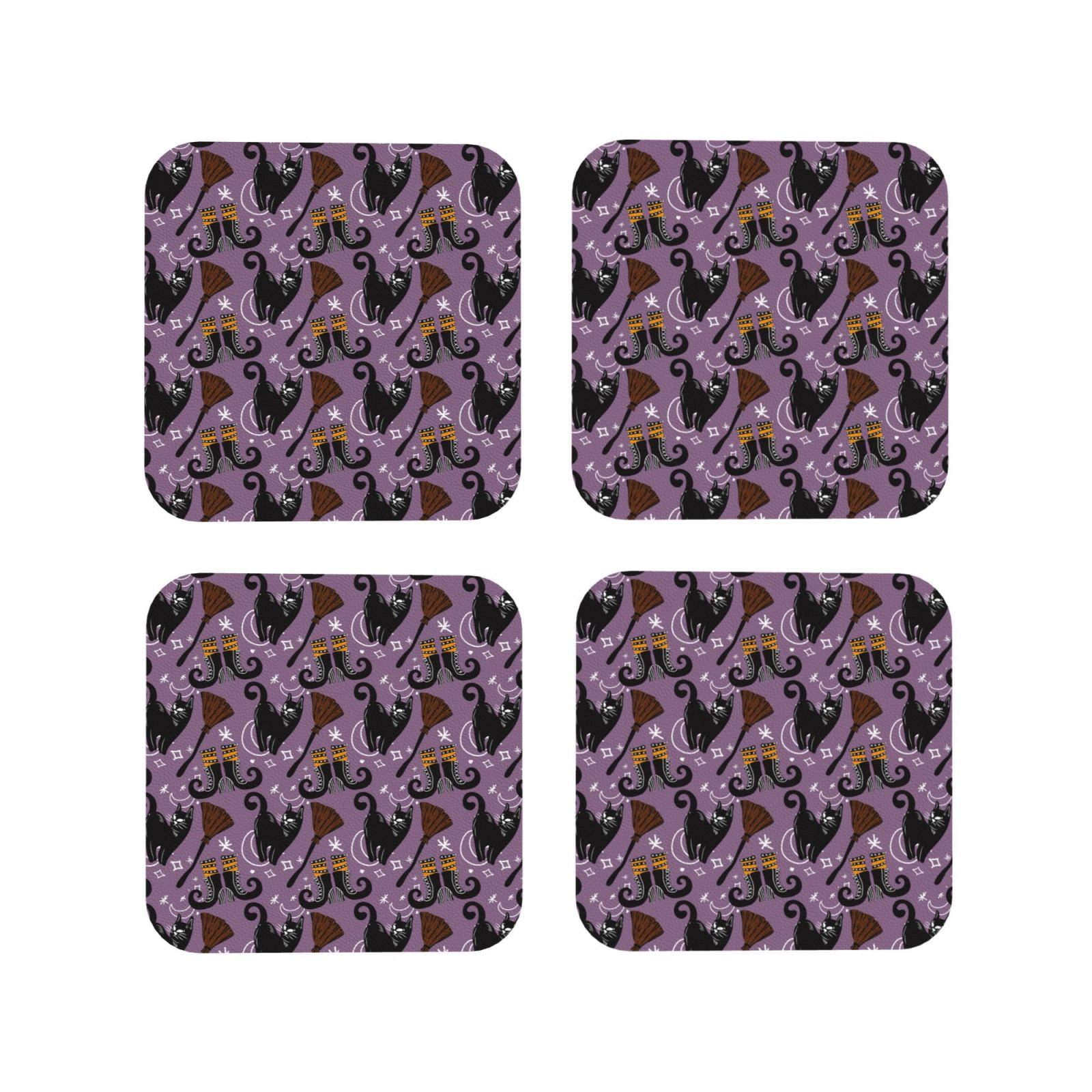 Drink Coasters Set of 4, Magic Style Cartoon Broom Cat Leather Coasters ...