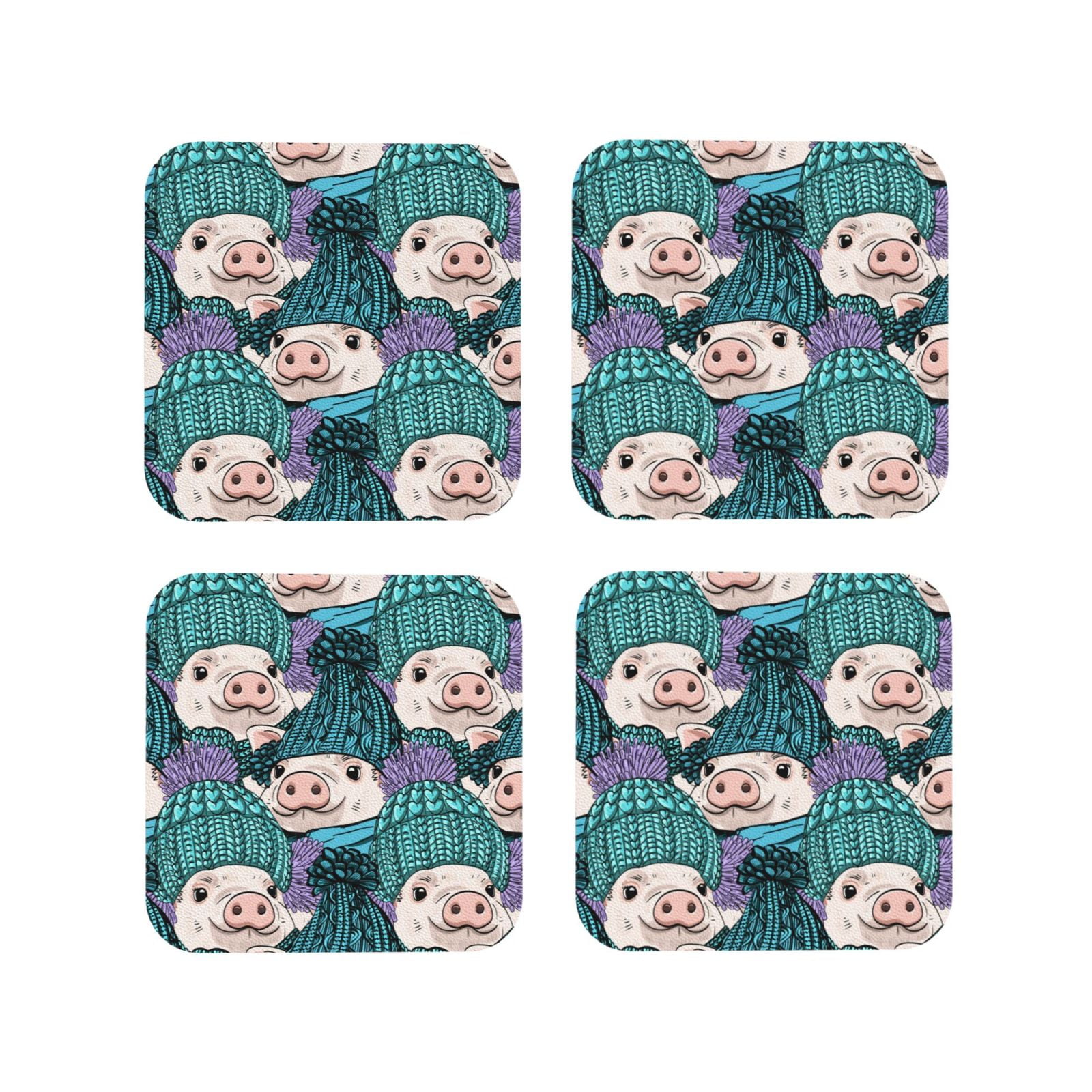 Drink Coasters Set of 4, Modern Cute Hat Pig Leather Coasters for ...