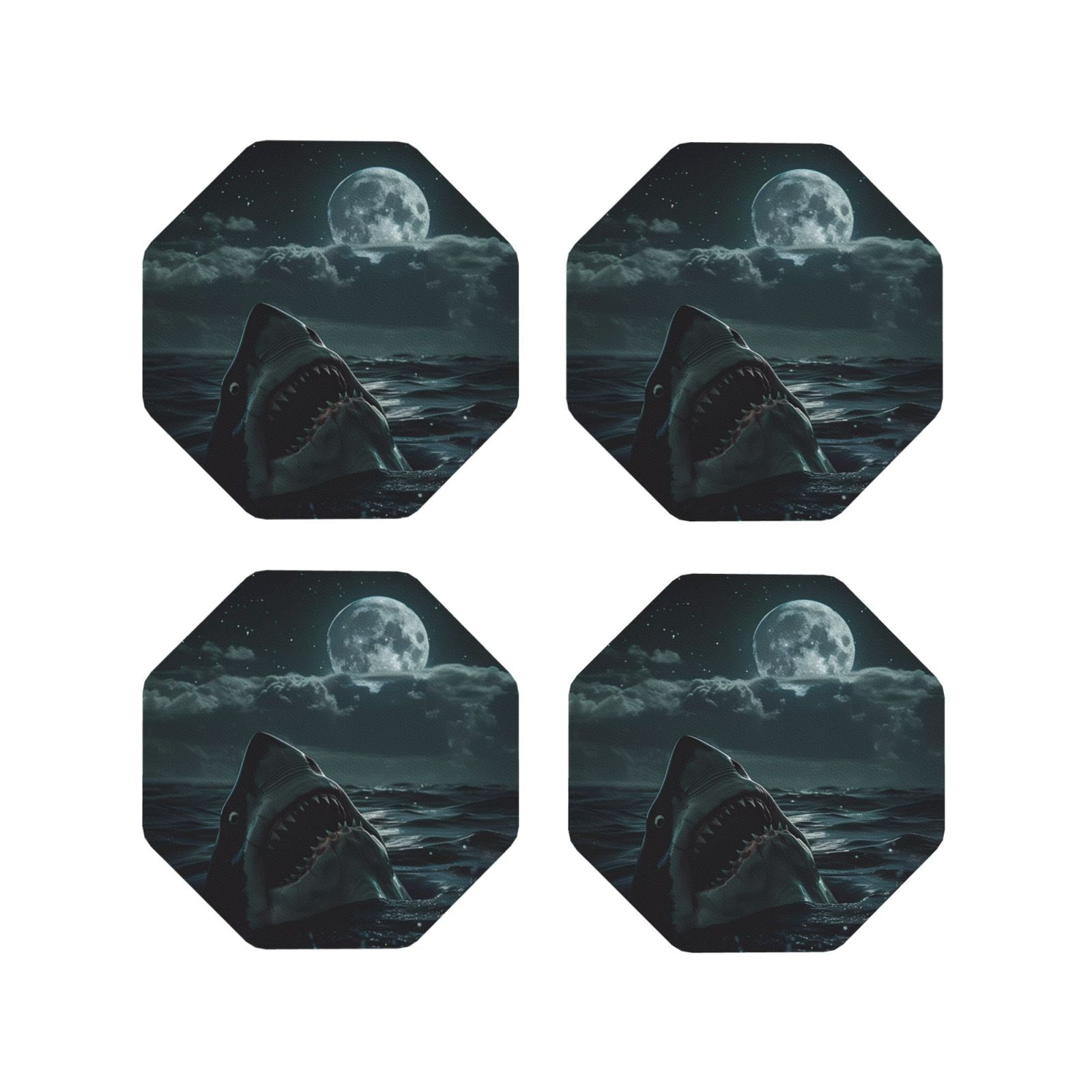 Drink Coasters Set of 4, Moonlit Night Sky Shark Leather Coasters for ...