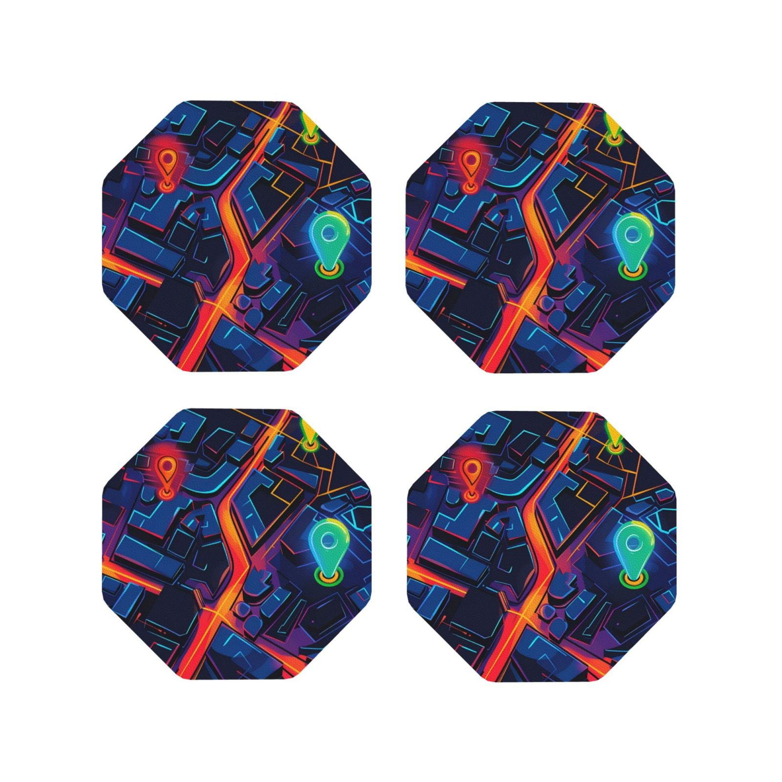 Drink Coasters Set of 4, Neon City Map Leather Coasters for Coffee ...