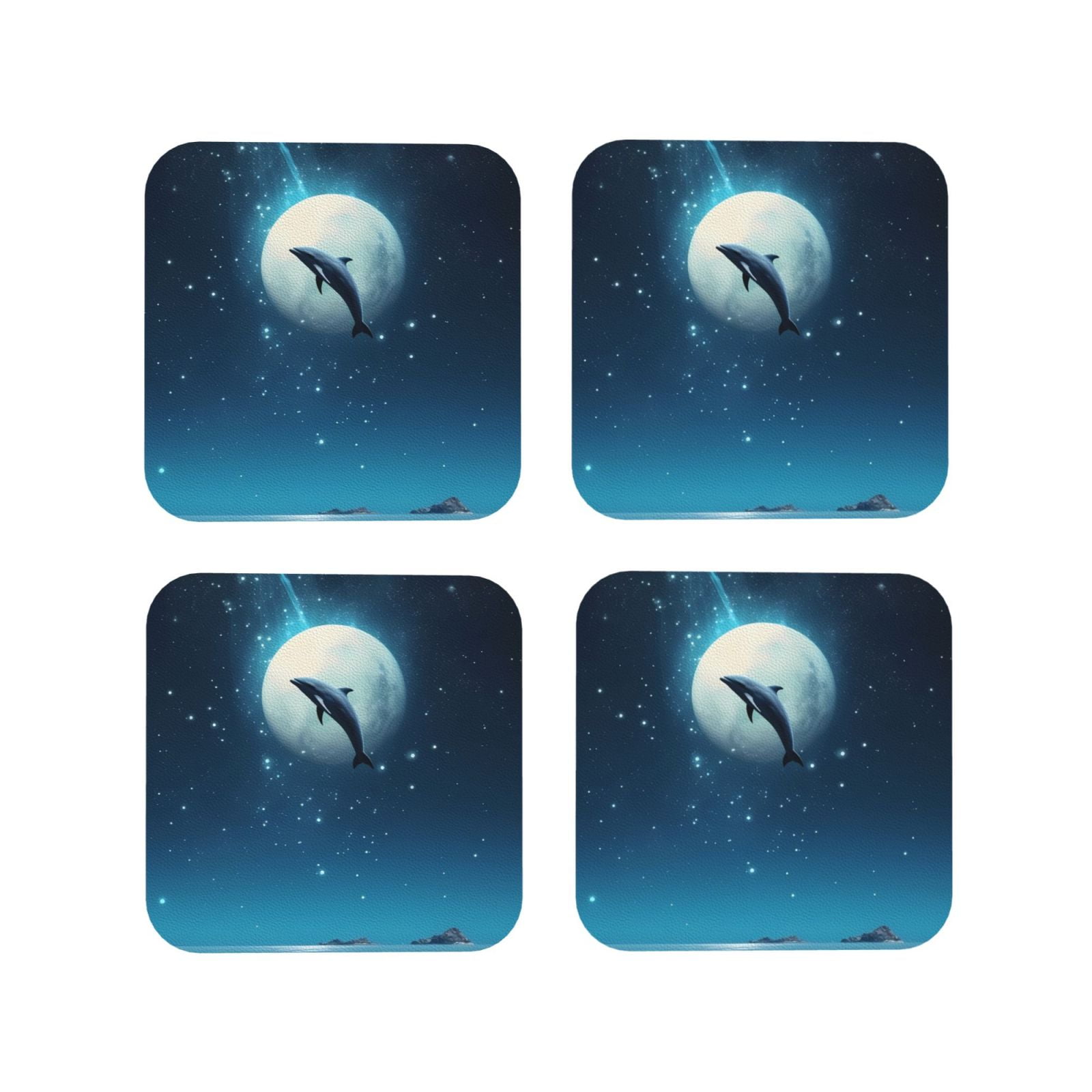 Drink Coasters Set of 4, Night Sky Moon Dolphin Leather Coasters for ...