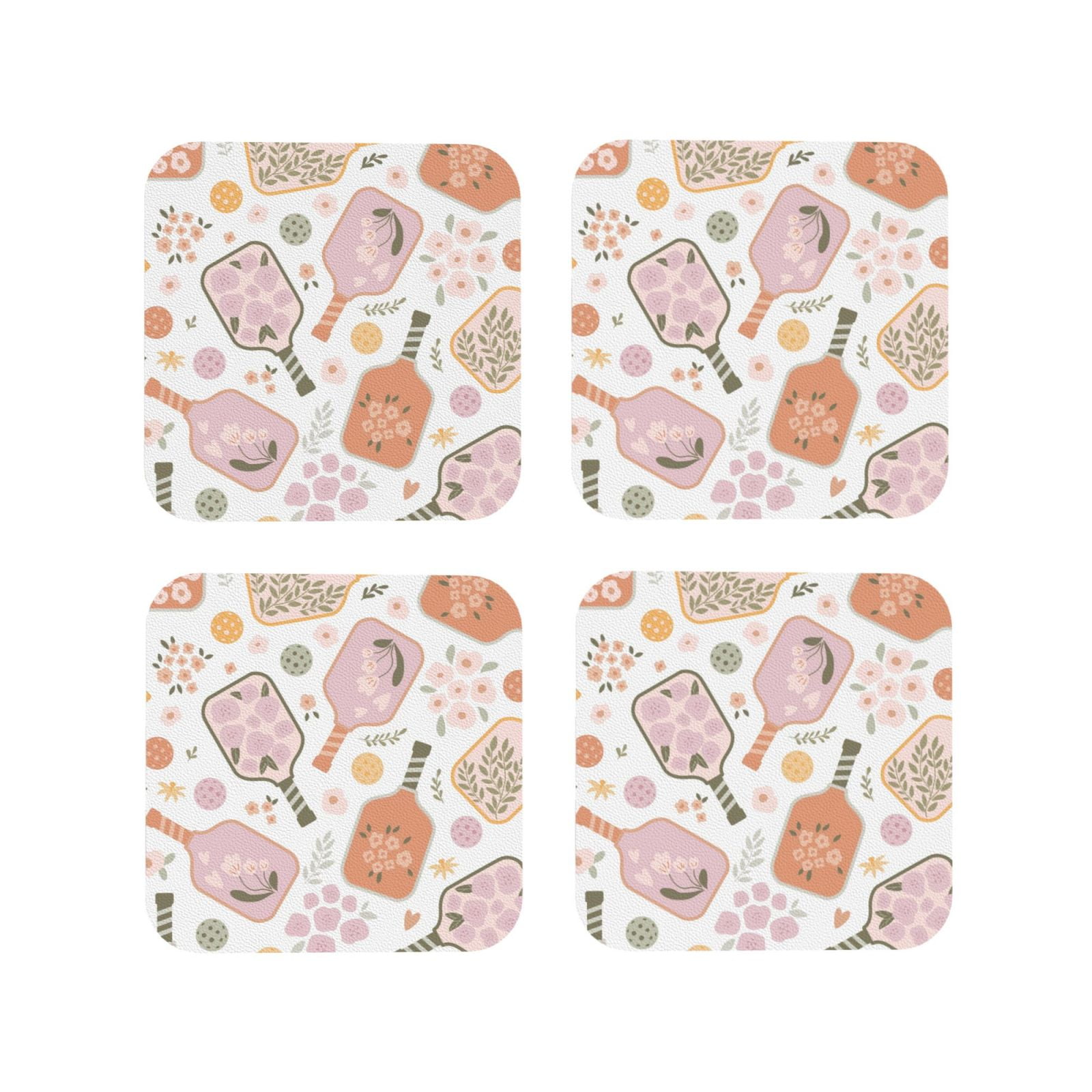 Drink Coasters Set of 4, Pastel Floral Vases Leather Coasters for ...