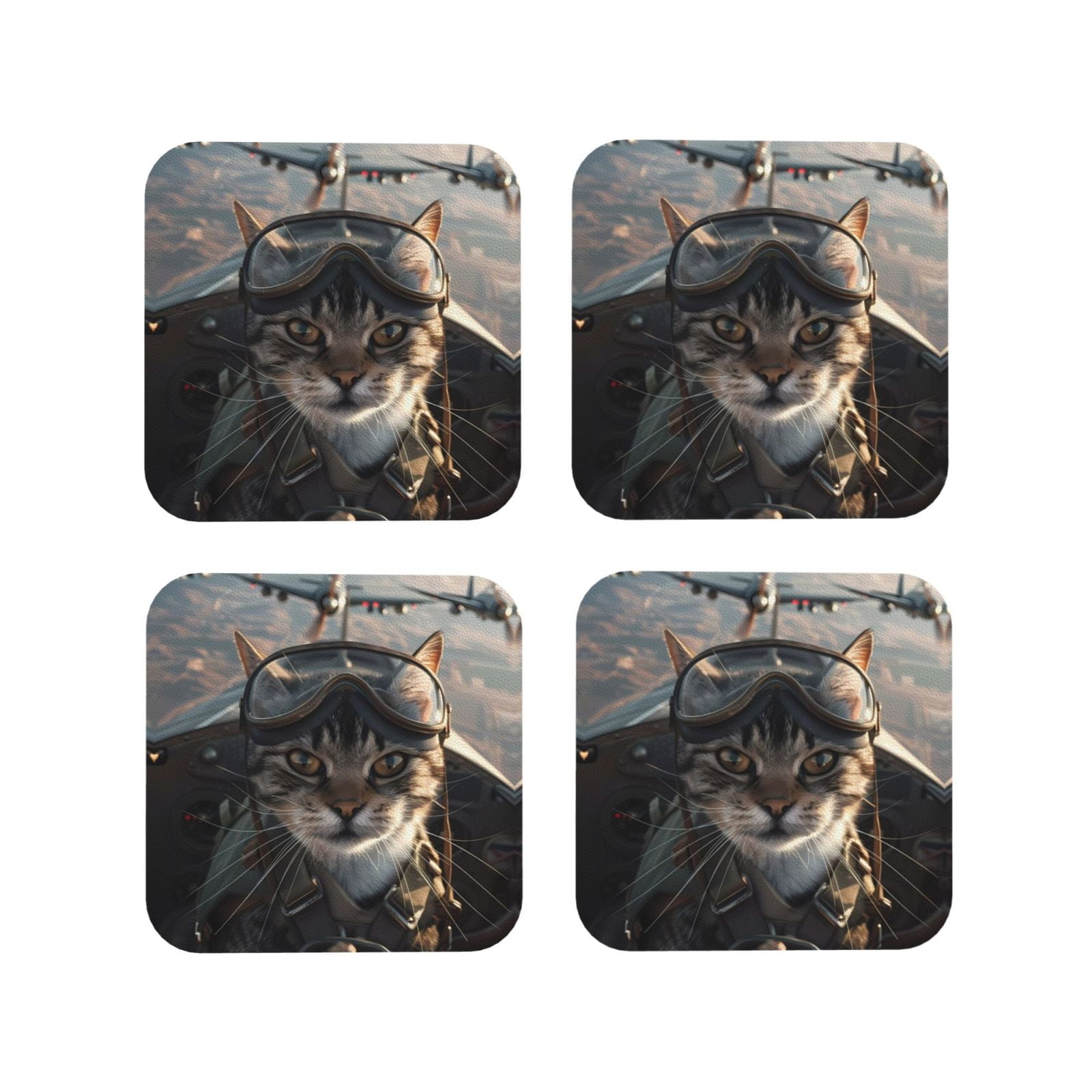Drink Coasters Set of 4, Pilot Cat In Vintage Plane Leather Coasters ...