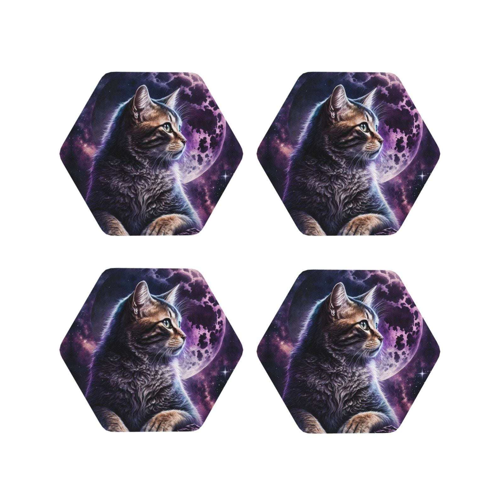 Drink Coasters Set of 4, Purple Moon Cat Leather Coasters for Coffee ...