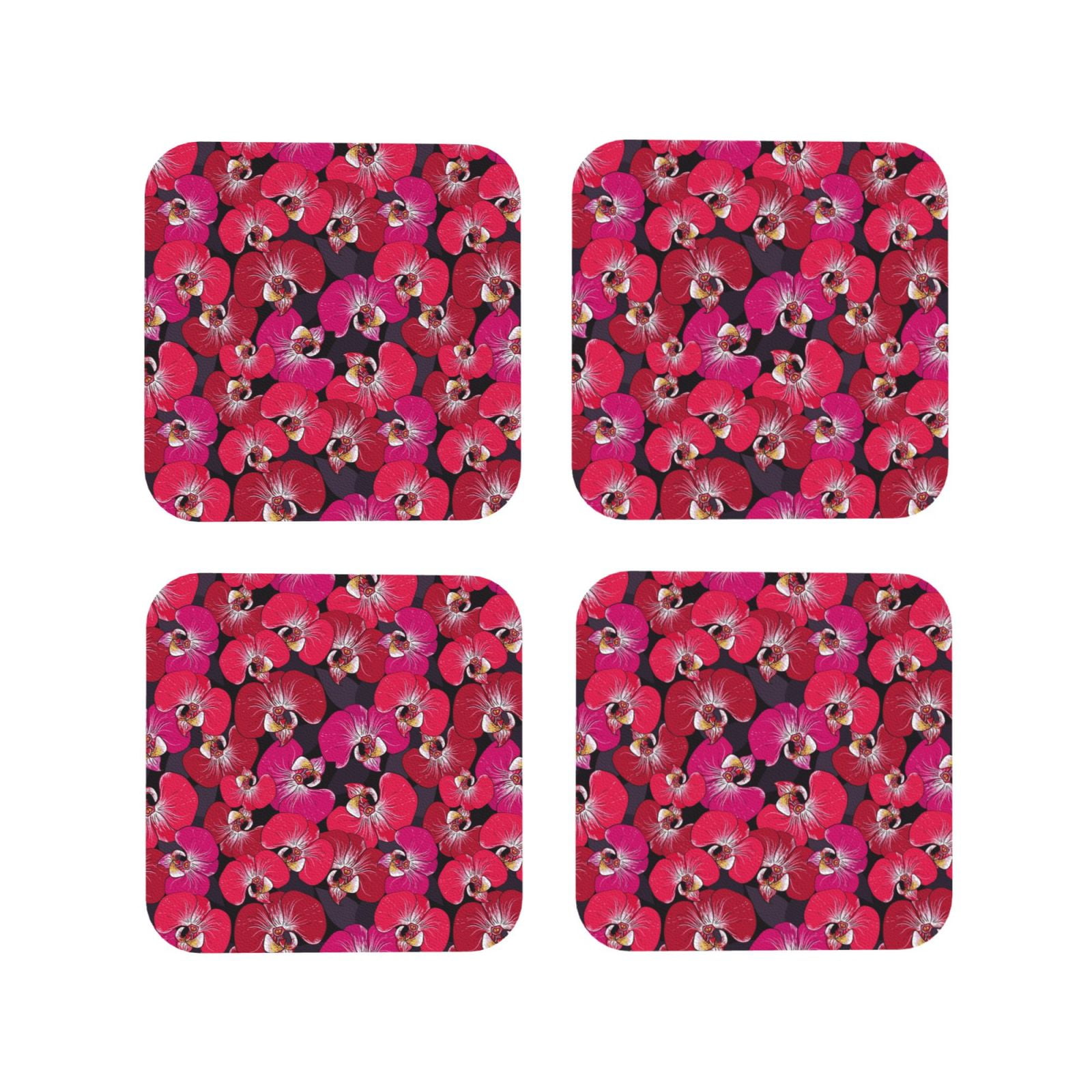 Drink Coasters Set of 4, Red Orchids Flowers Leather Coasters for ...