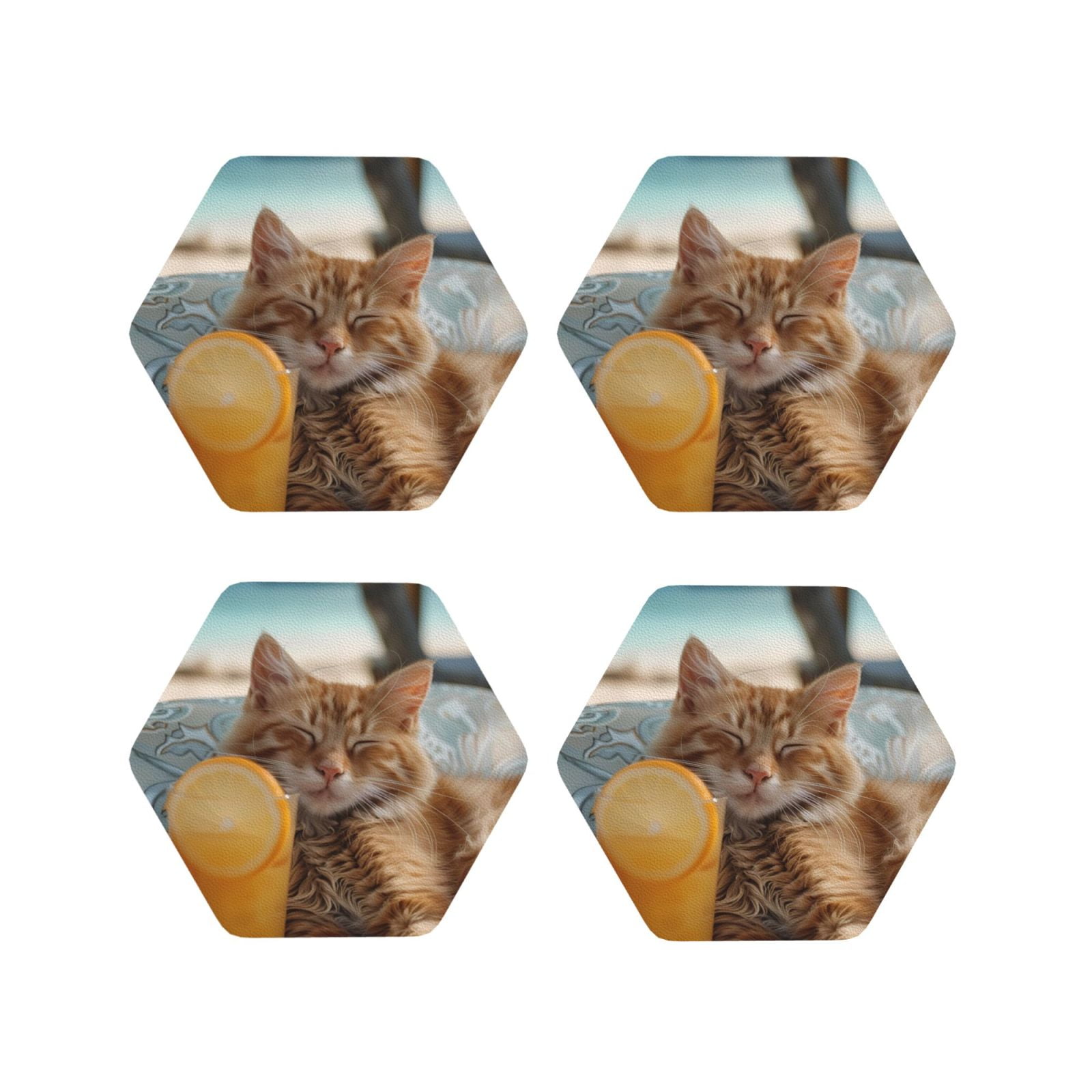Drink Coasters Set of 4, Relaxing Cat With Orange Juice Leather ...