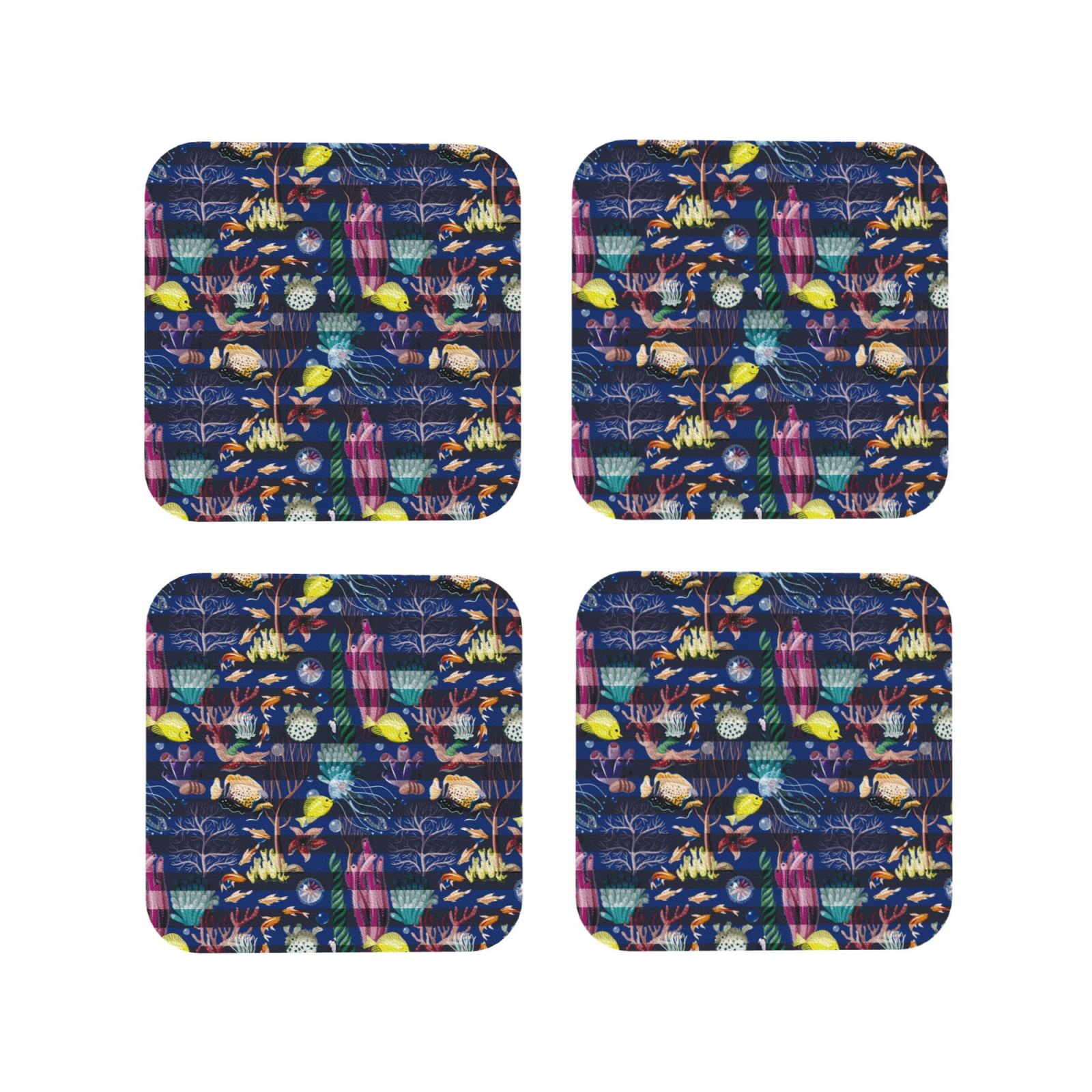 Drink Coasters Set of 4, Sea Inhabitans and Herb Leather Coasters for ...