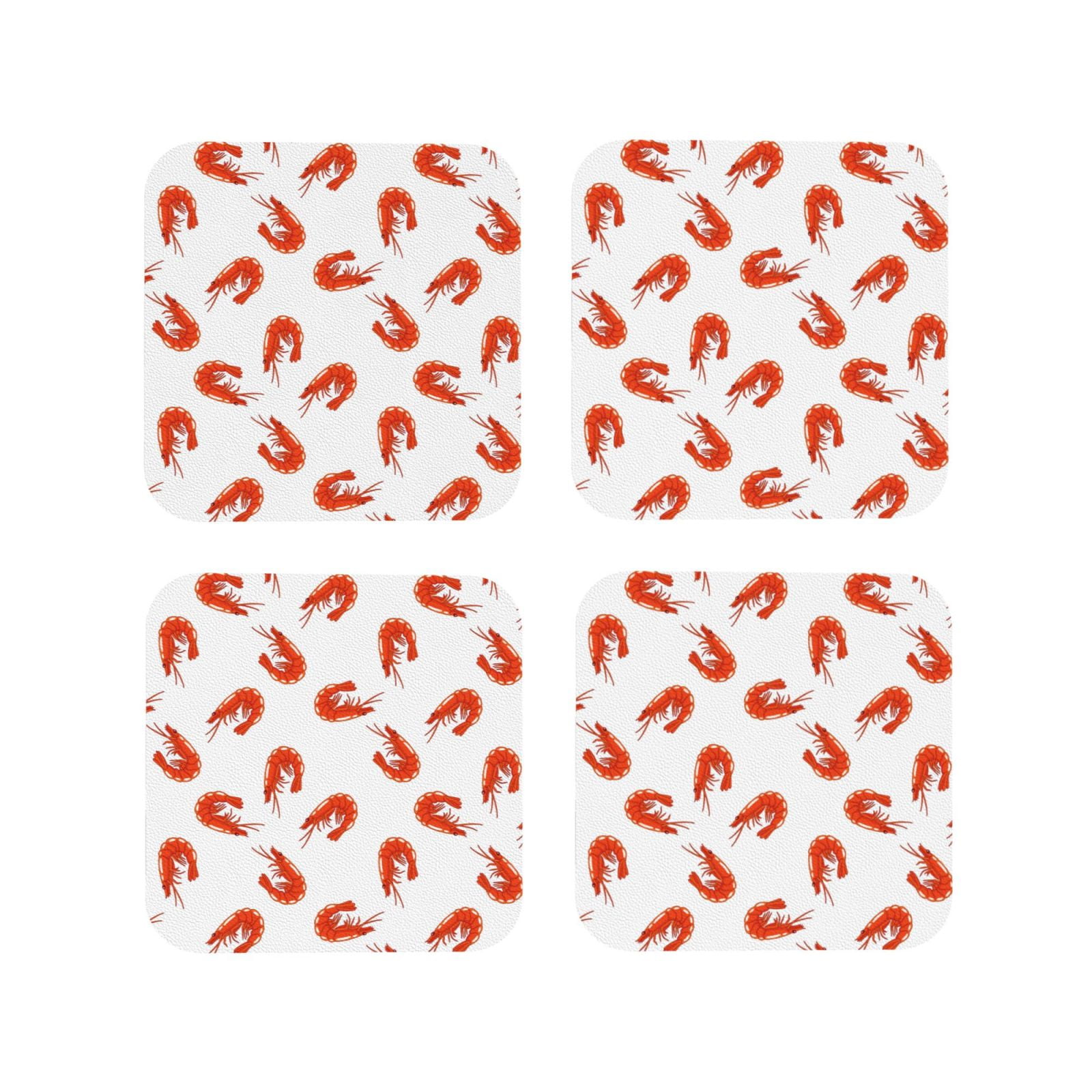 Drink Coasters Set of 4, Simple Red & White Lobster Print Leather ...