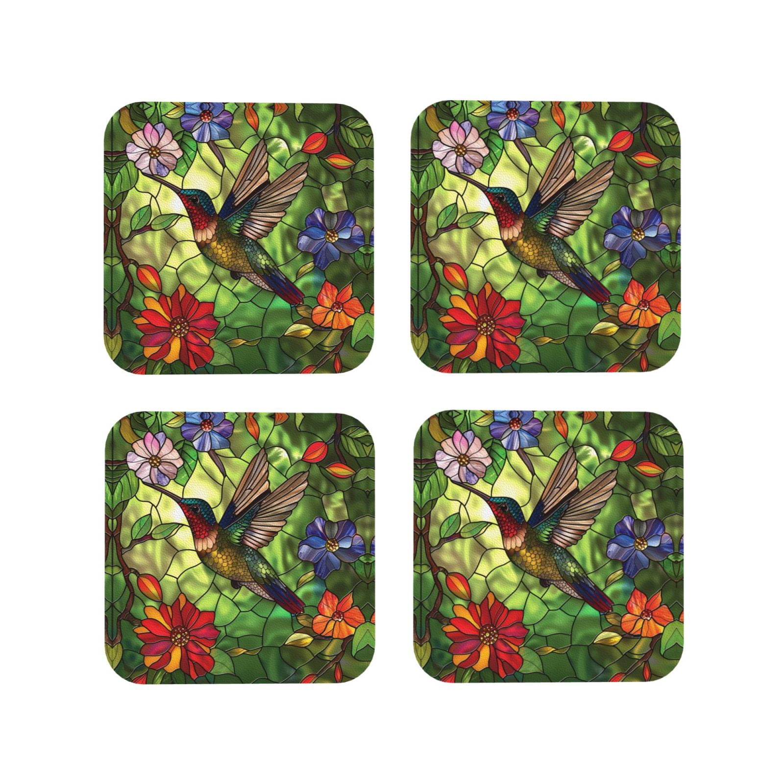 Drink Coasters Set of 4, Stained Glass Hummingbird Art Leather Coasters ...