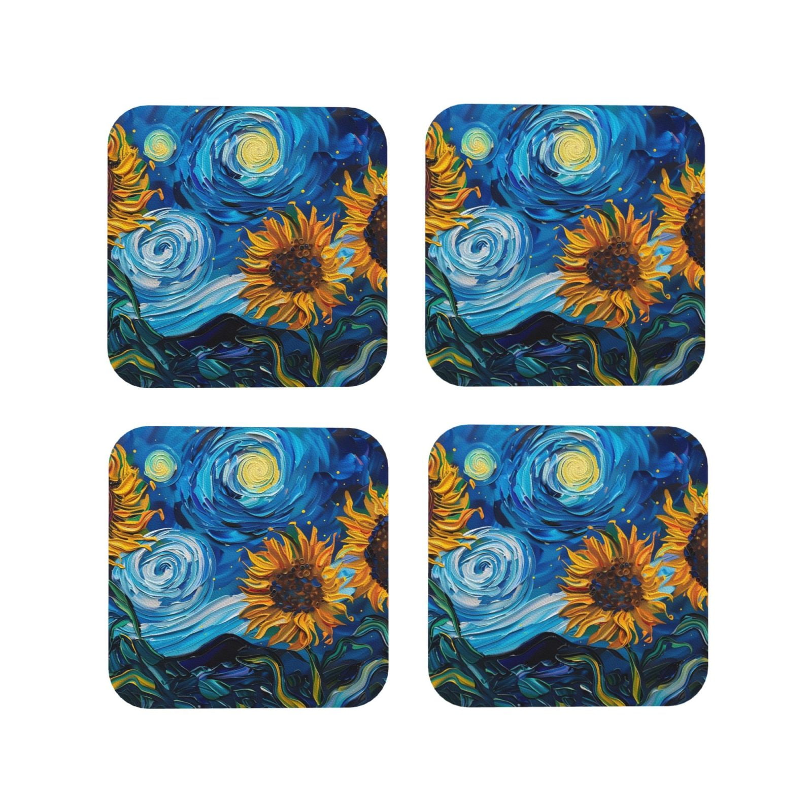 Drink Coasters Set of 4, Starry Night Sunflower Field Leather Coasters ...