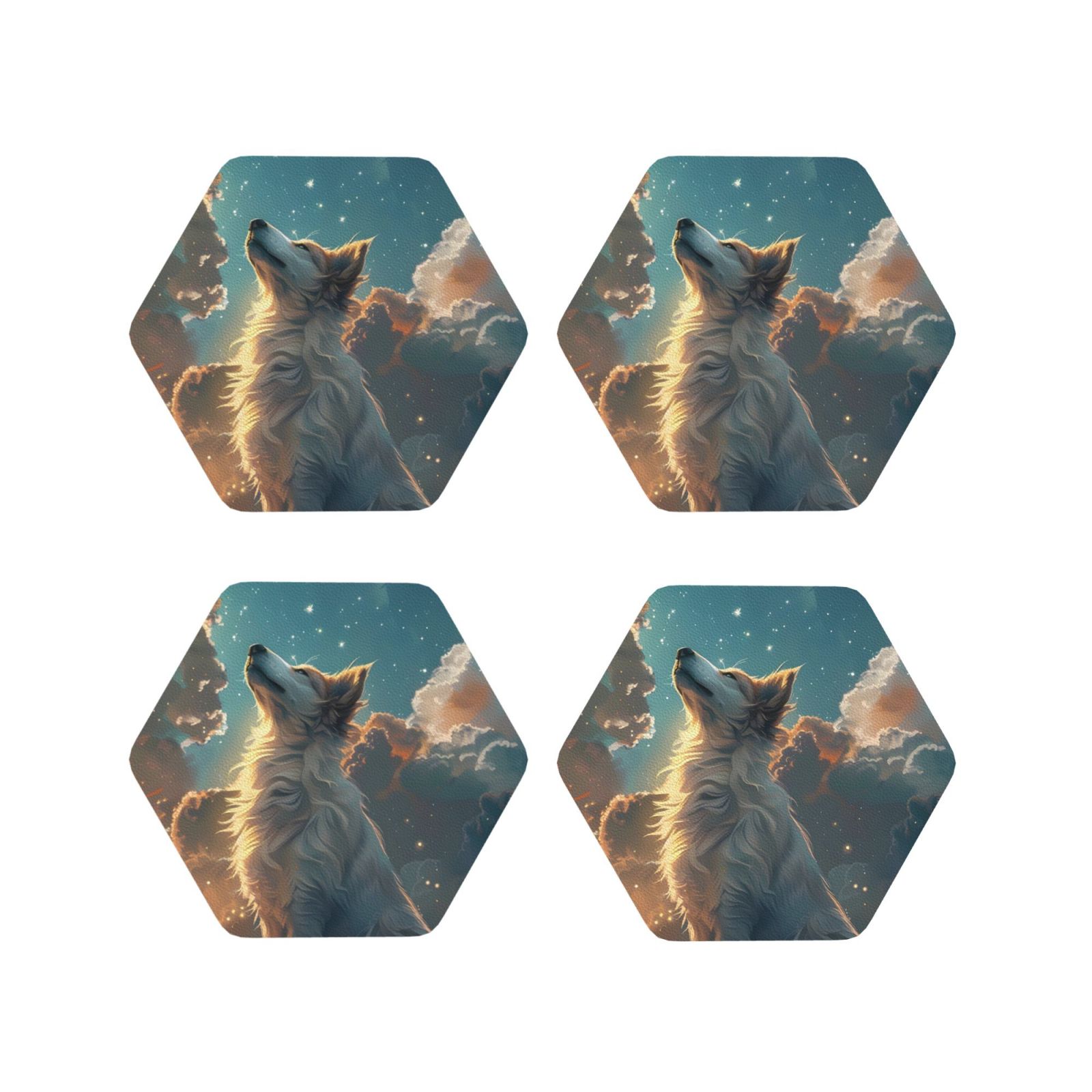 Drink Coasters Set of 4, Starry Sky Cloud Wolf Leather Coasters for ...