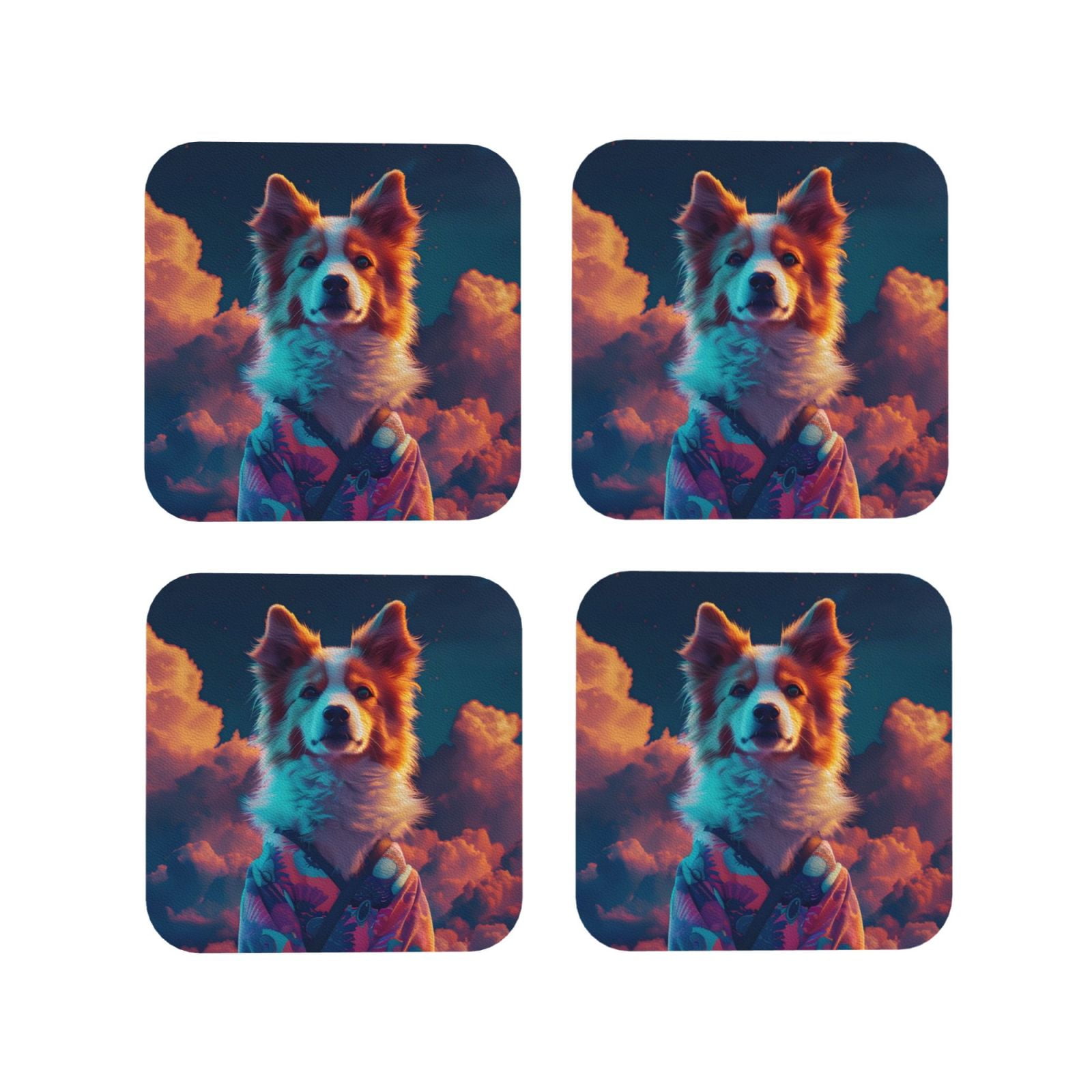 Drink Coasters Set of 4, Starry Sky White Cloud Puppy Leather Coasters ...