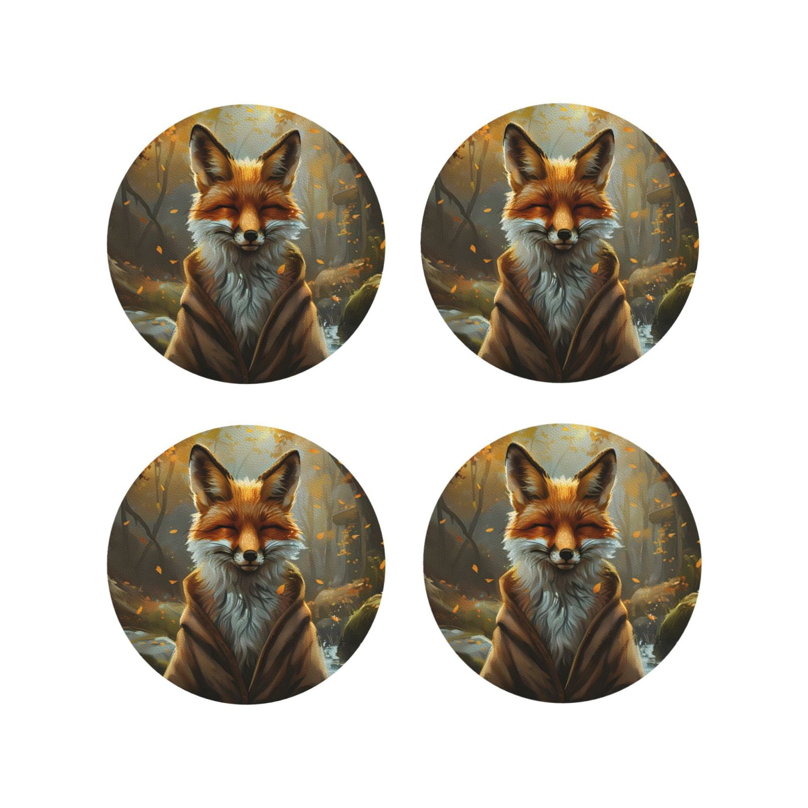 Drink Coasters Set of 4, Streamside Meditating Fox Leather Coasters for ...