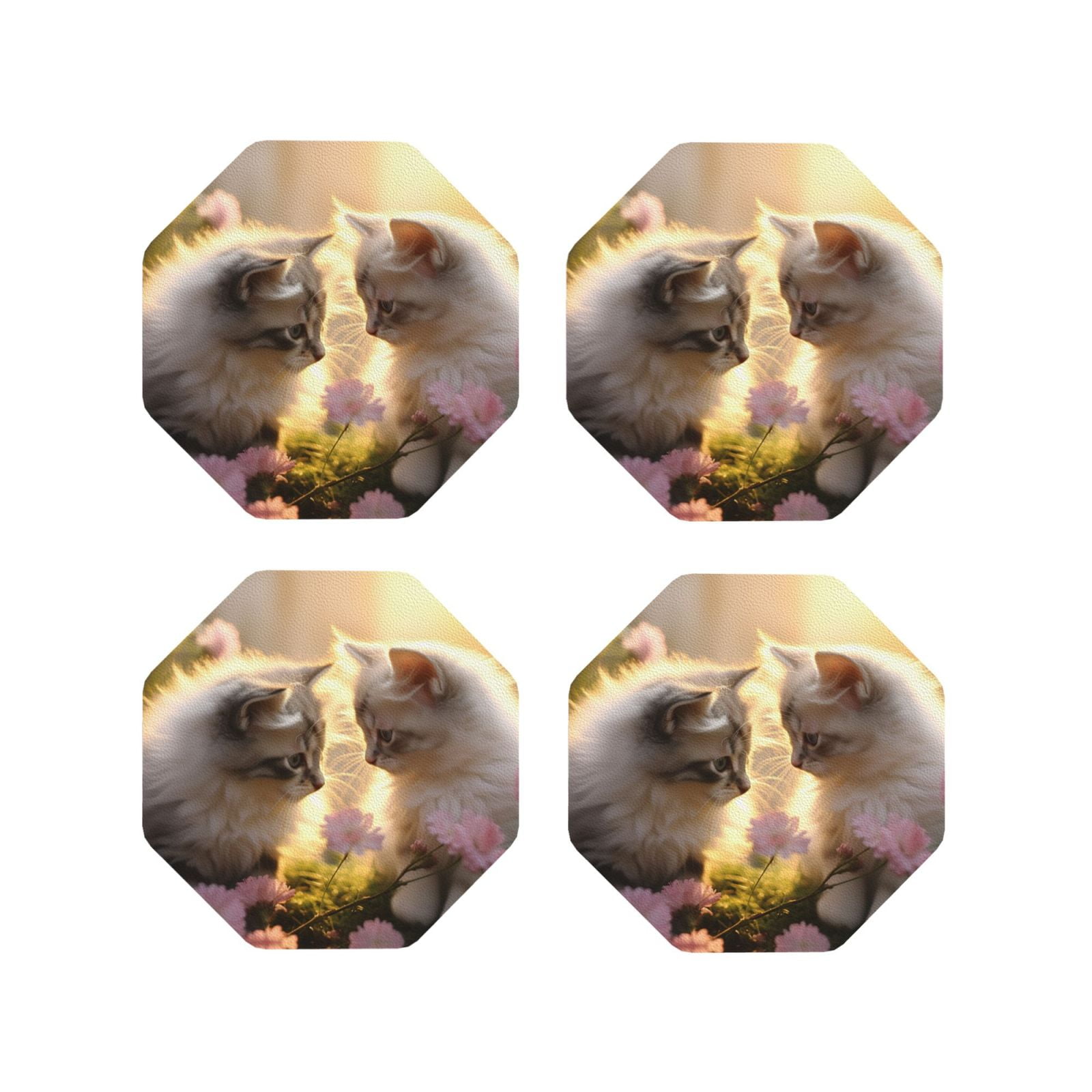Drink Coasters Set of 4, Sunshine Pink Flower Cat Leather Coasters for ...