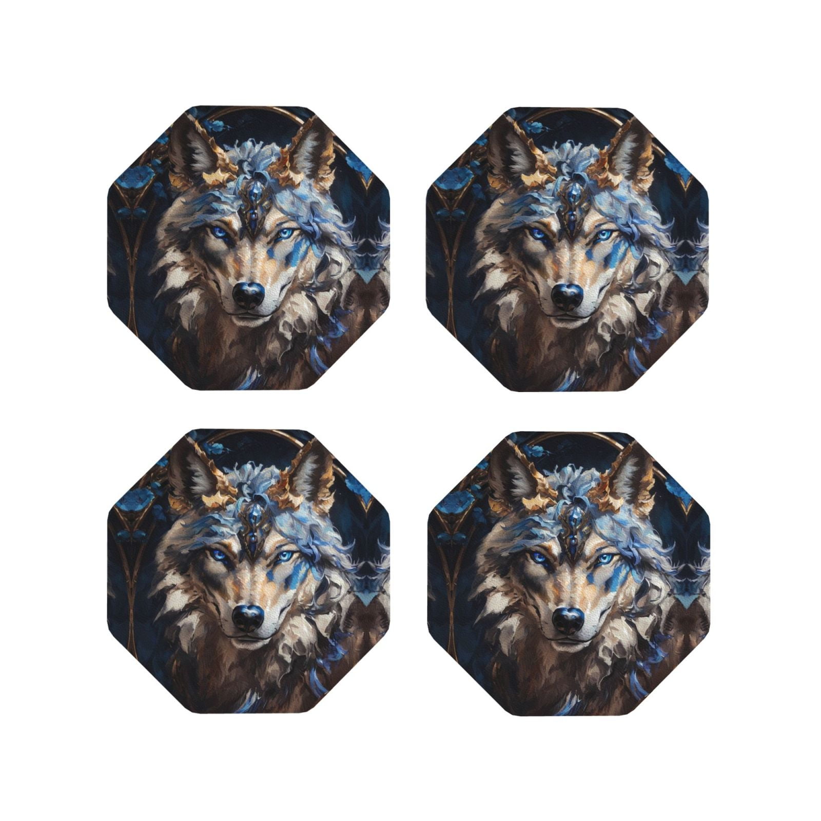 Drink Coasters Set of 4, Vintage Blue Floral Wolf Leather Coasters for ...