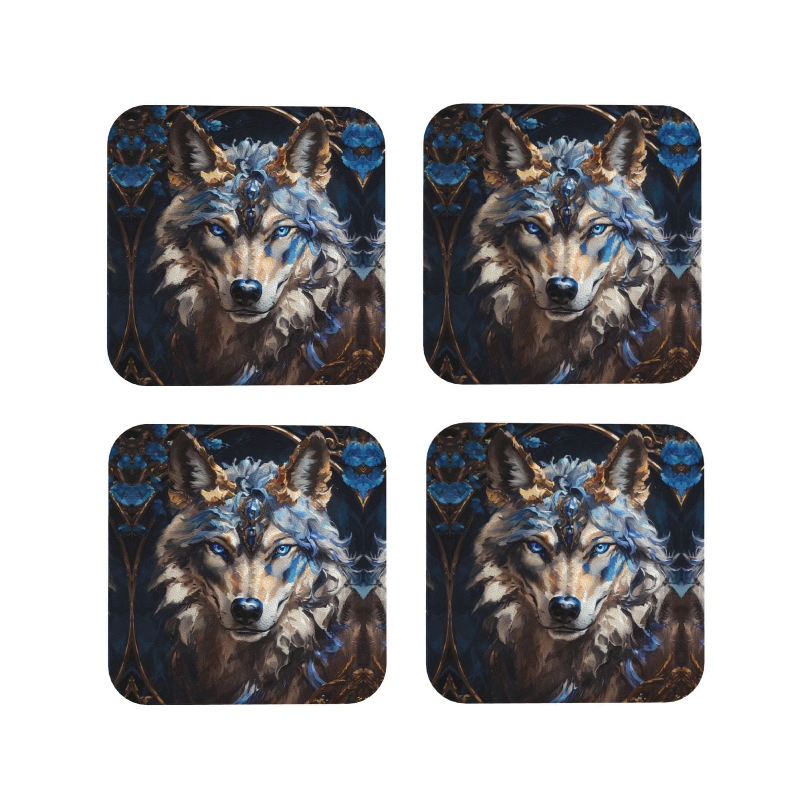 Drink Coasters Set of 4, Vintage Blue Floral Wolf Leather Coasters for ...