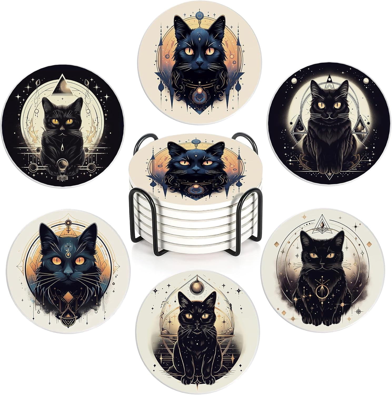 Drink Coasters Set of 6 with Holder, Black Cat Absorbent Ceramic ...