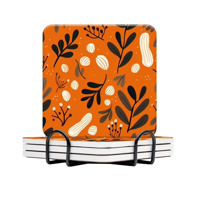 Drink Coasters Set Of 4 With Holder Orange Background With Scattered ...