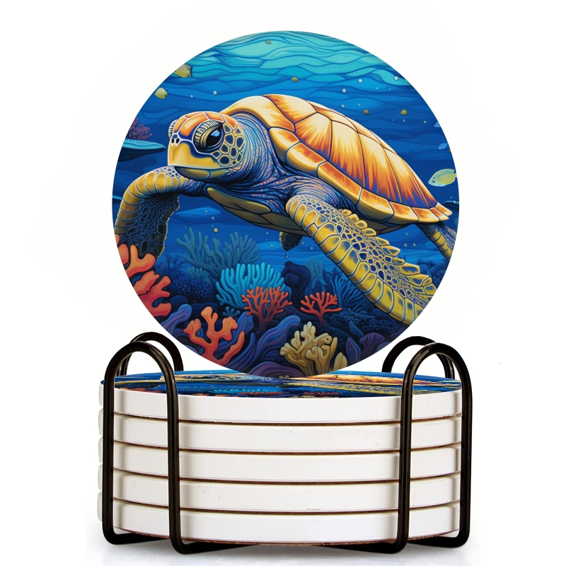 Drink Coasters Set Of 6 With Holder Colorful Sea Turtle Swimming ...