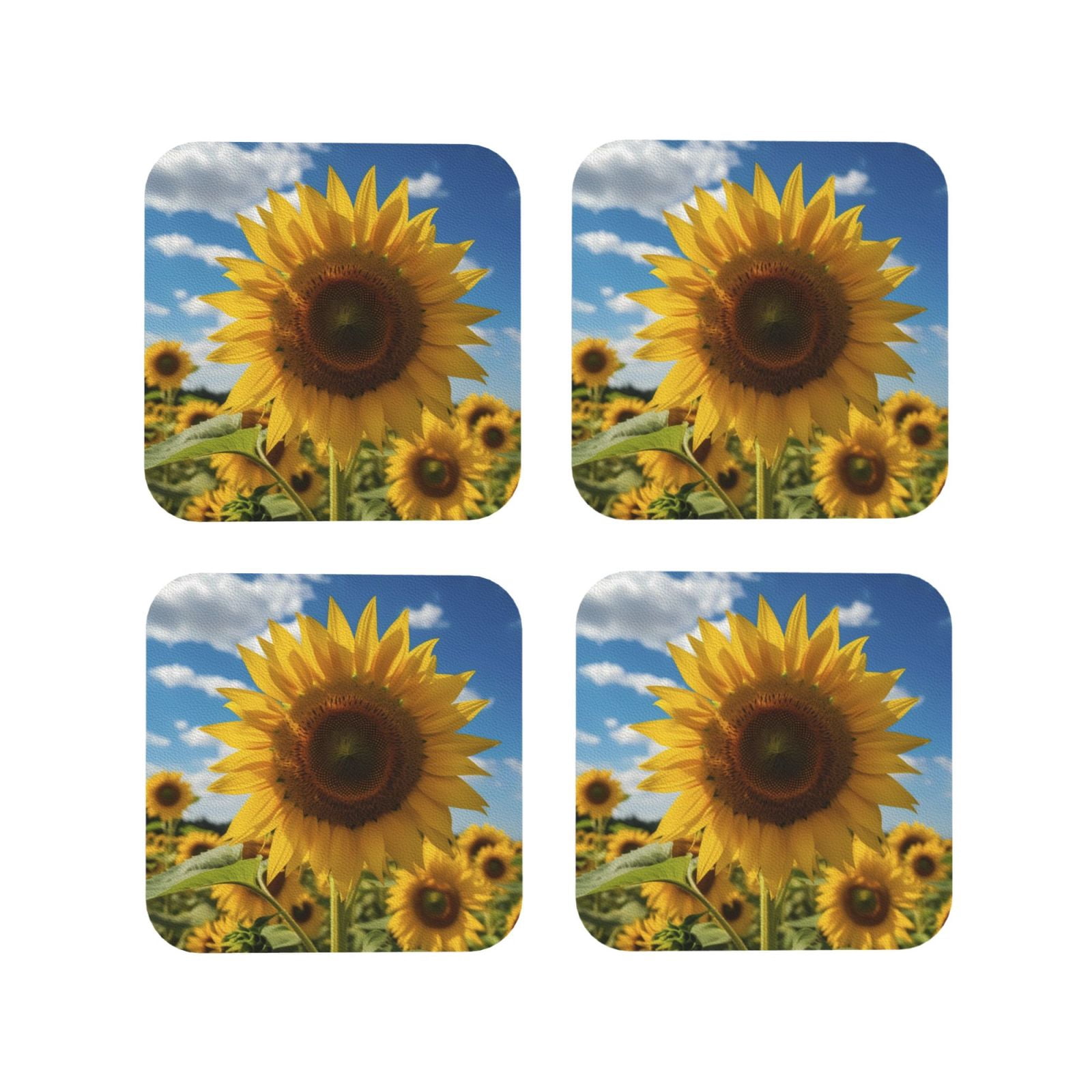 Drink Coasters, Sky Golden Sunflower Field -PVC Leather Coasters Sets ...