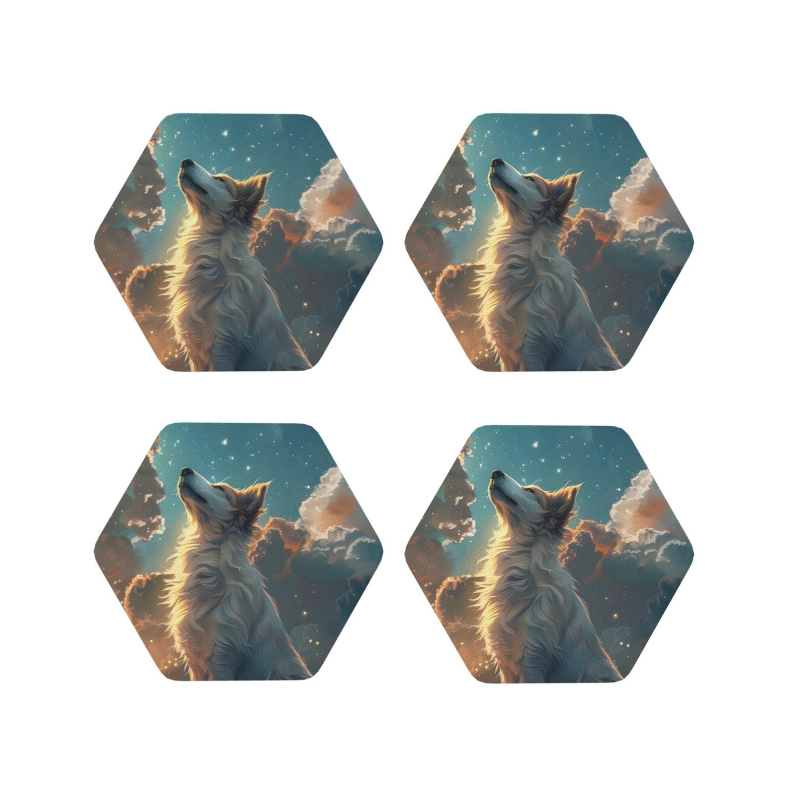 Drink Coasters, Starry Sky Cloud Wolf -PVC Leather Coasters Sets of 4 ...
