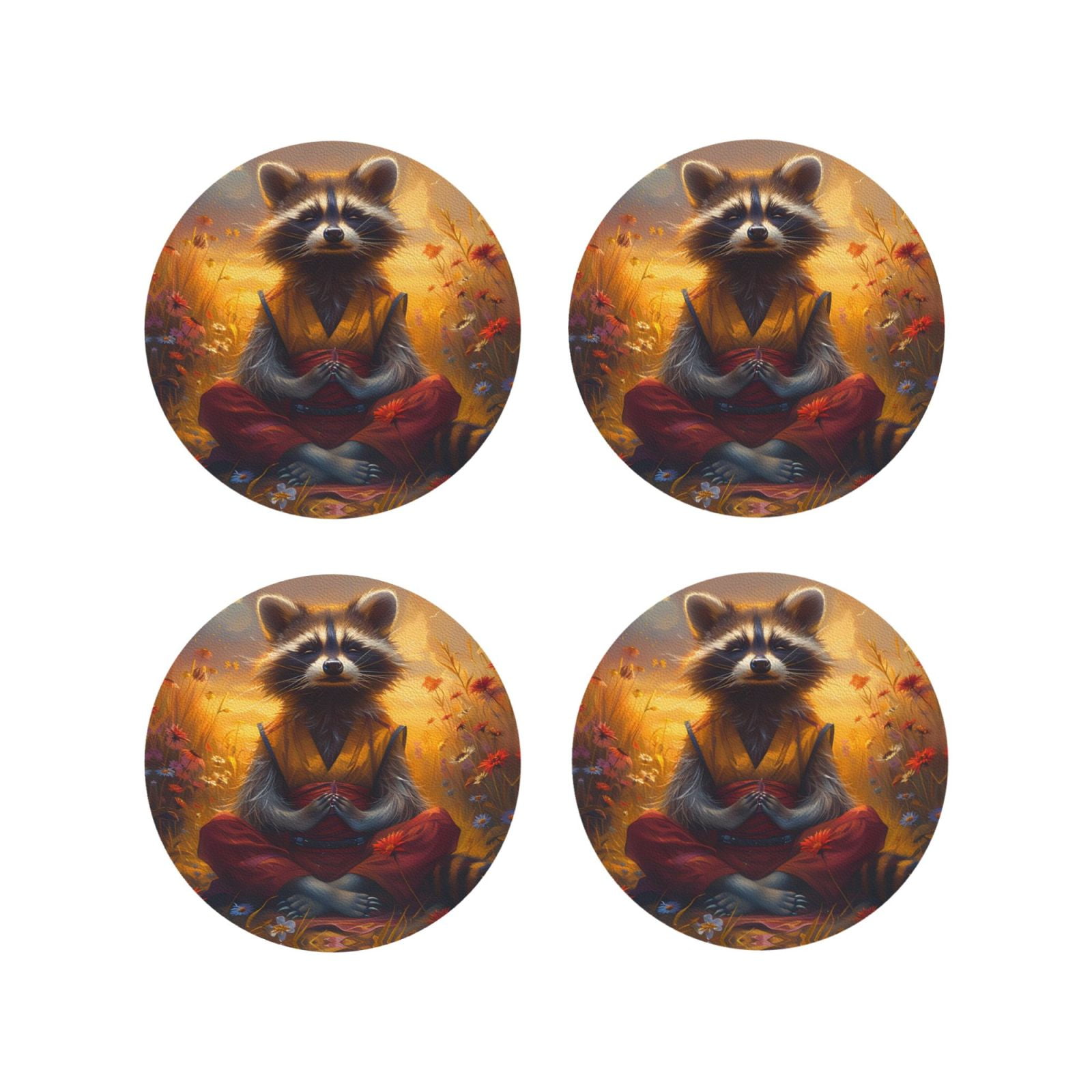 Drink Coasters, Sunset Flower Meditating Raccoon -PVC Leather Coasters ...